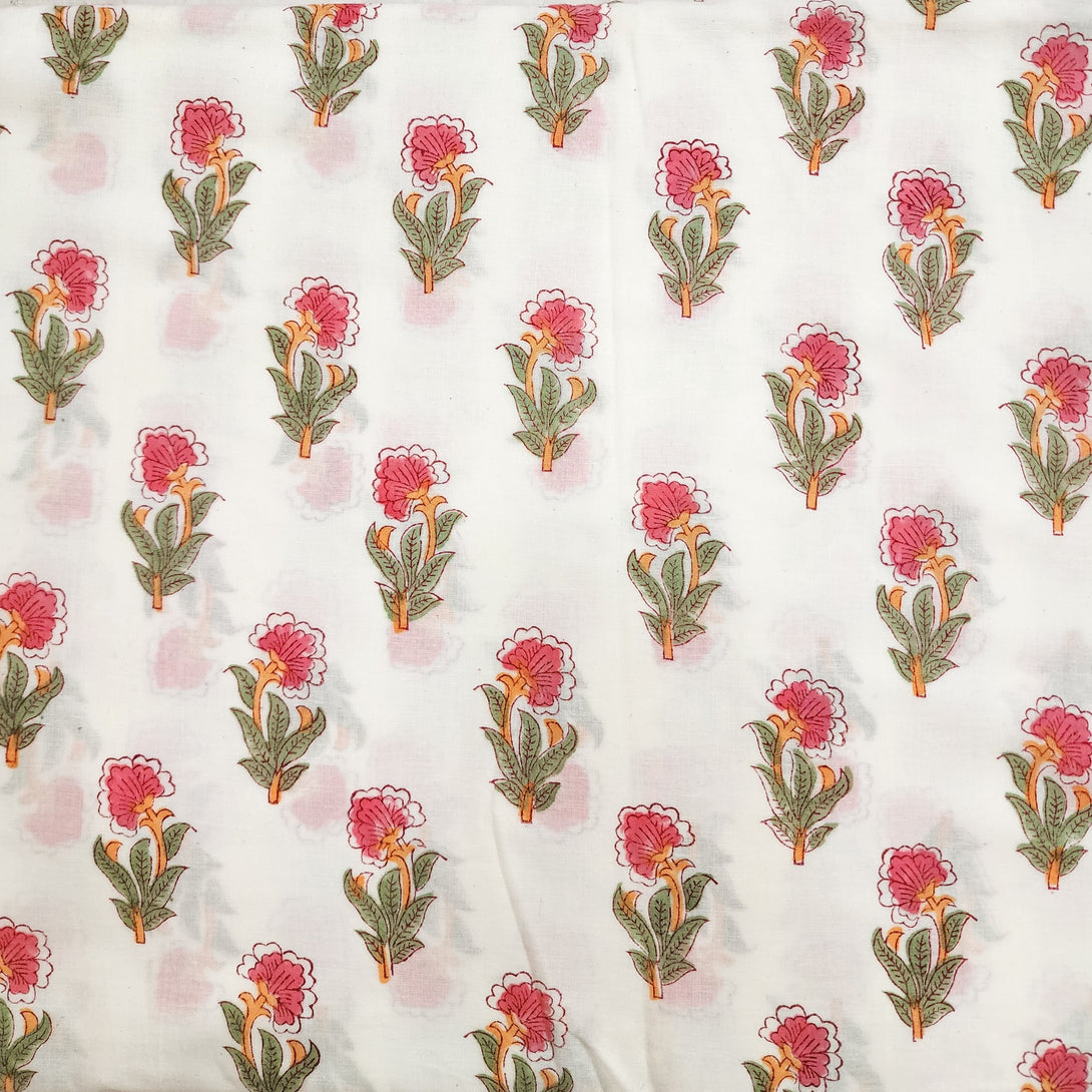Pre-cut 1.75 meter Pure Cotton Jaipuri White with Peach Green Plant Ha – Sanskruti