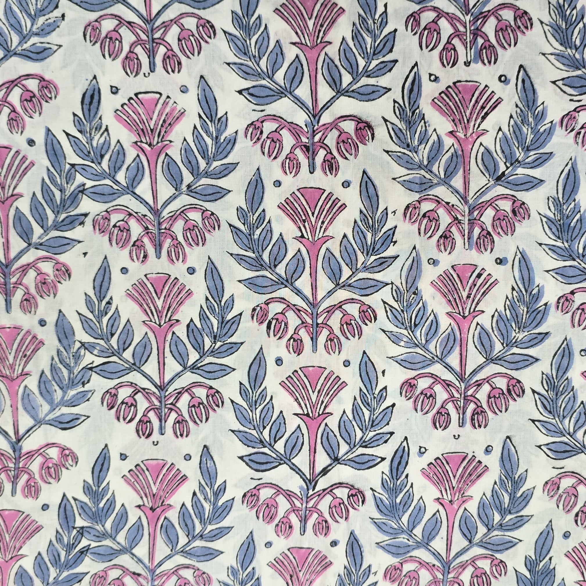 Pure Cotton Jaipuri White With Purple Blue Jaali Hand Block Print Fabr ...