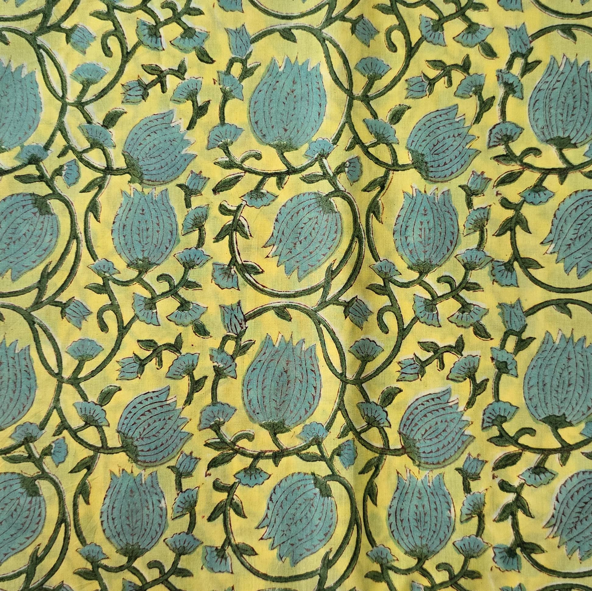 Per Cut (0.95 Meter) Pure Cotton Jaipuri Yellow And Blue Lotus Jaal Ha ...