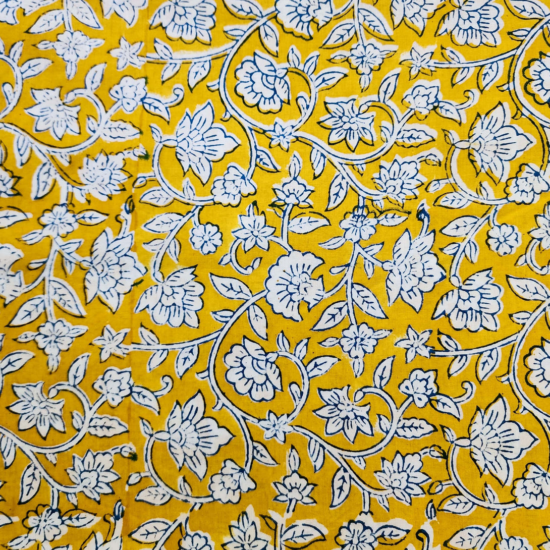 Pure Cotton Jaipuri Yellow With Blue And White Jasmine Flower Jaal Han ...