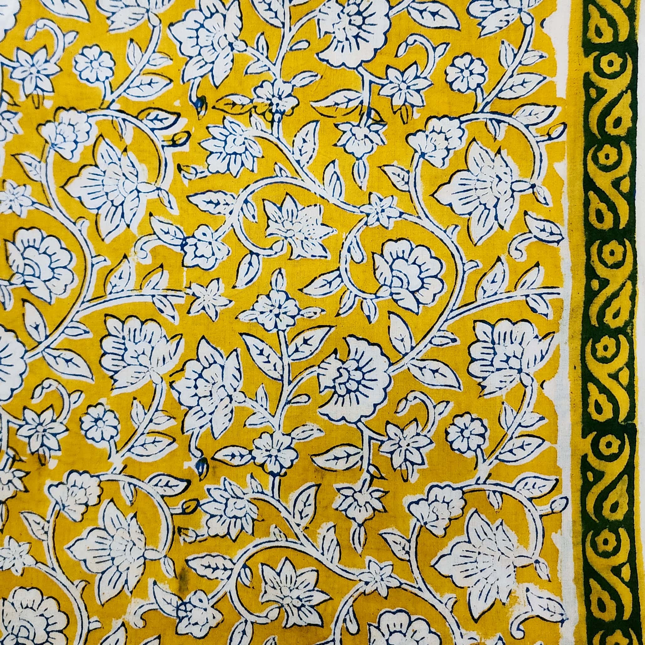 Pure Cotton Jaipuri Yellow With Blue And White Jasmine Flower Jaal Han ...