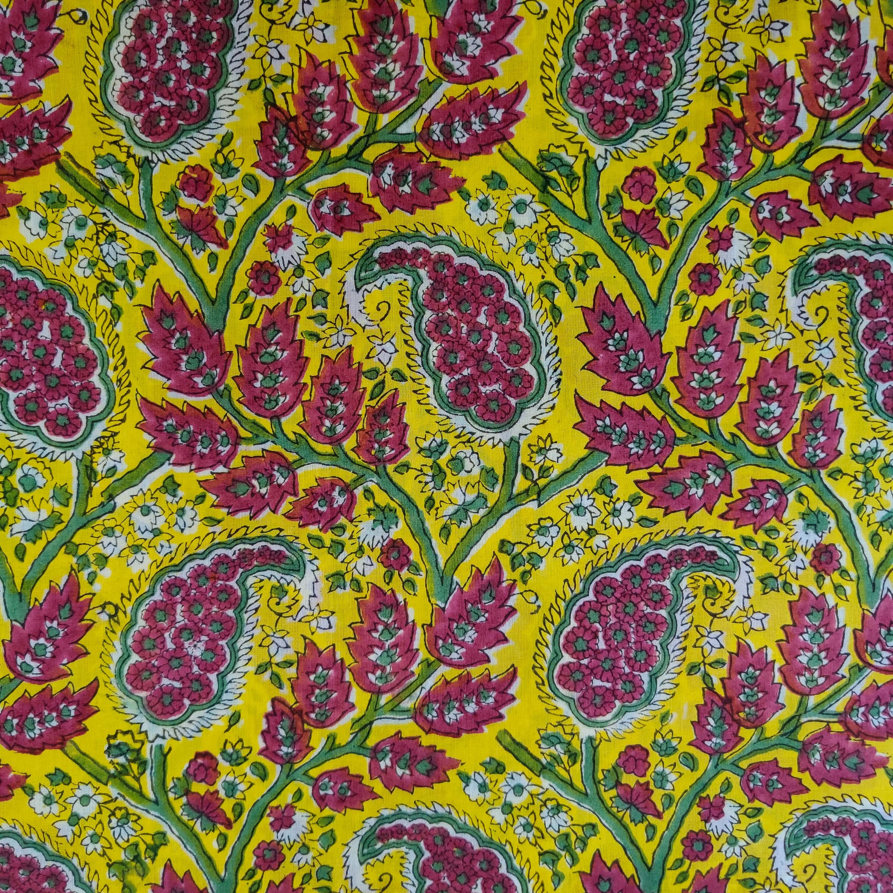 (Pre-cut 0.95 meter ) Pure Cotton Jaipuri Yellow With Maroon Kairi Jaa ...