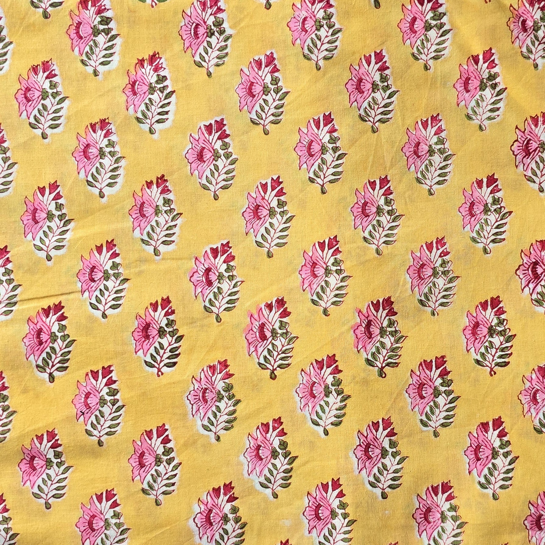 Pure Cotton Jaipuri Yellow With Pink Flower Motif Hand Block Print Fab ...