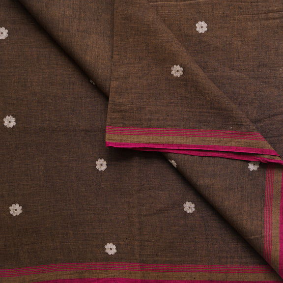 Pure Cotton Jamdani Brown With Pink Border And White Flower Motif Wove ...