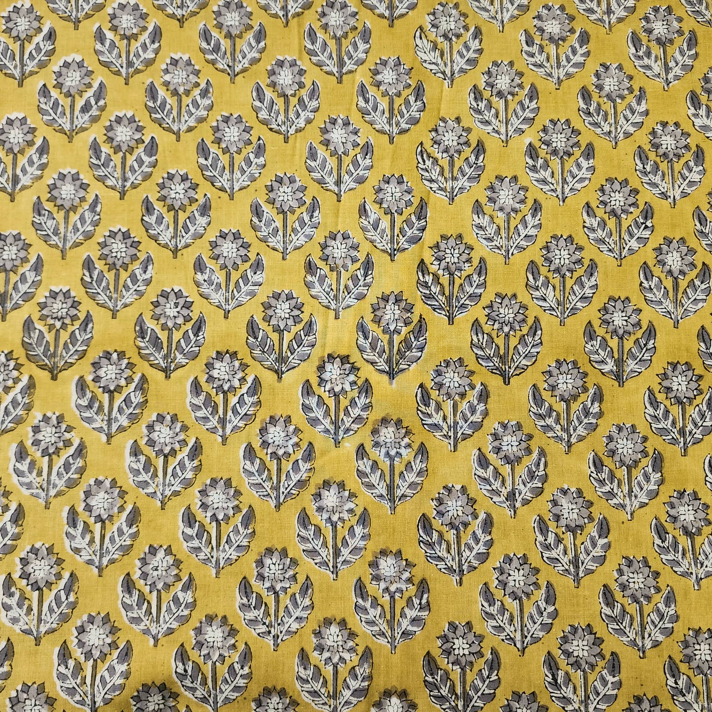Pre cut (0.95 Meter) Pure Cotton Jaipuri Mustard With Grey Flower Moti ...