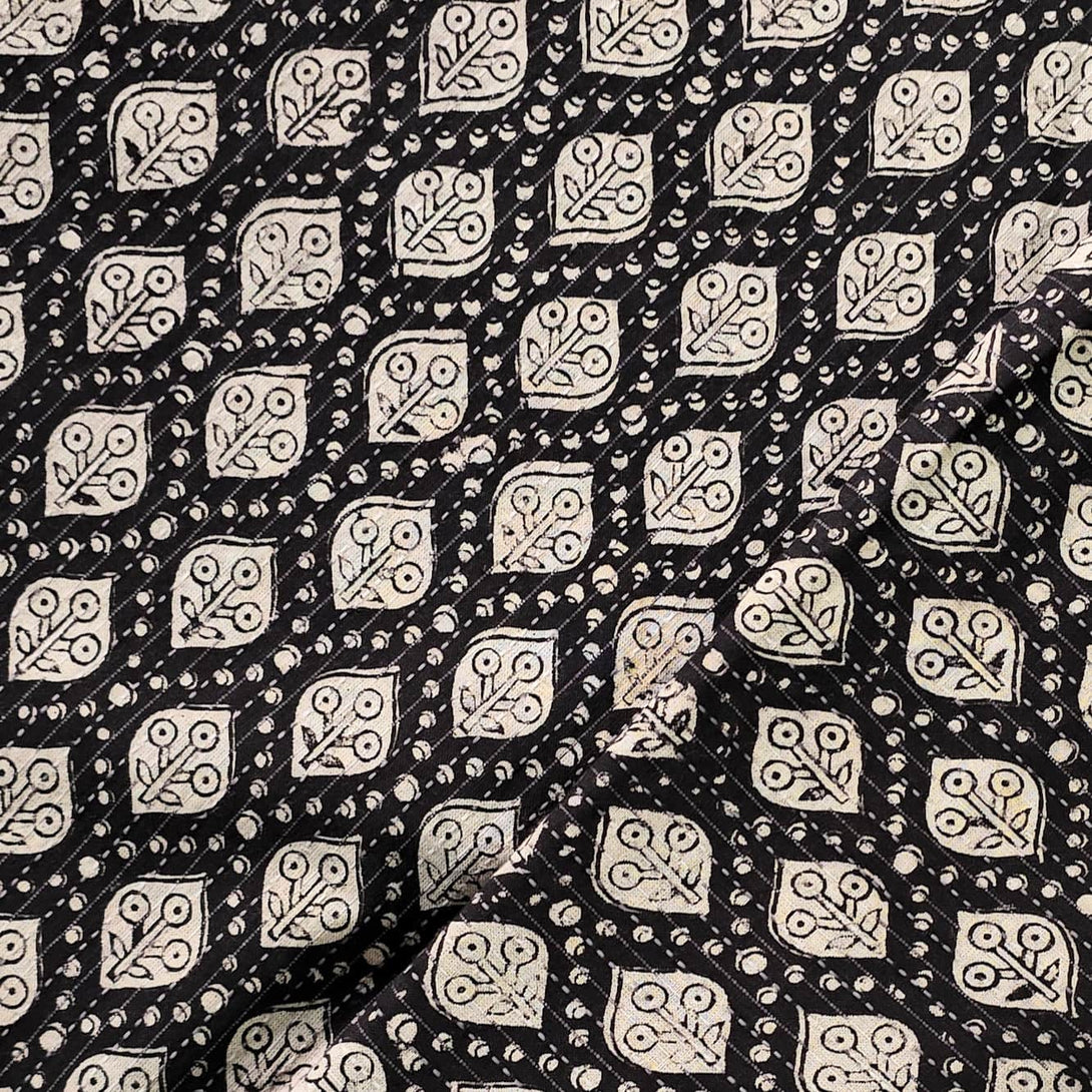Pure Cotton Kaatha Bagru Black And Cream With Flower Motif Hand Block ...