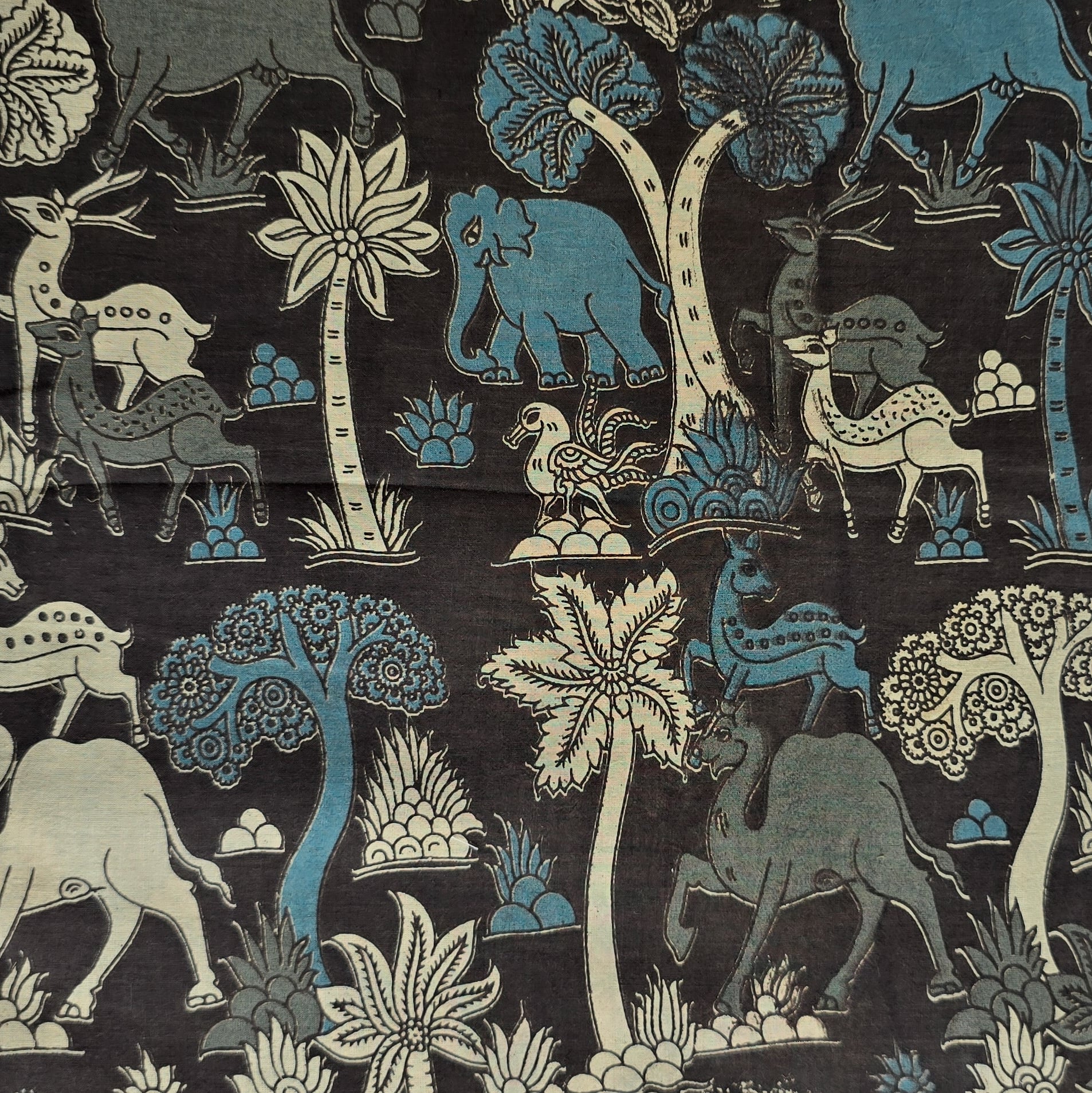 Pure Cotton Kalamkari Black With Blue Jungle Motif Screen Print Fabric ...