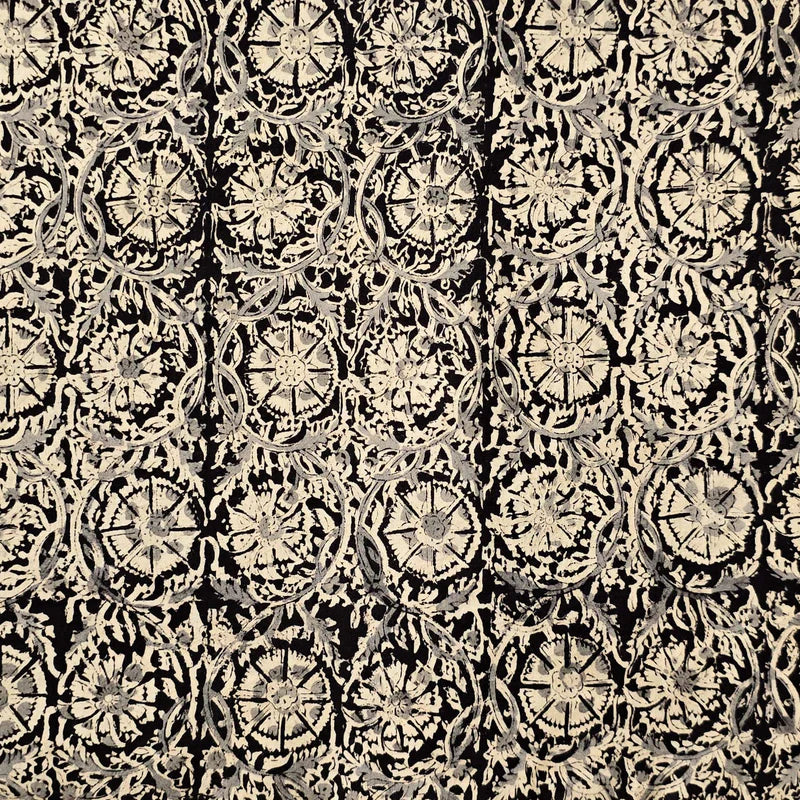 (Pre-Cut 1.90 Meter) Pure Cotton Kalamkari Black With Cream Flower Jaa ...