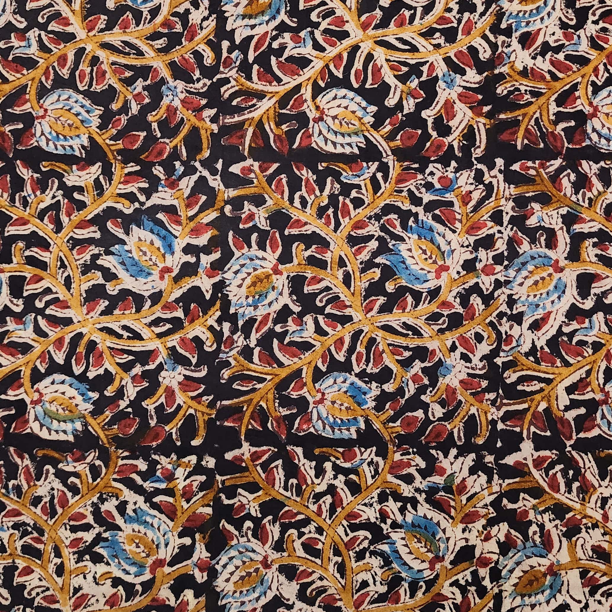 Pure Cotton Kalamkari Black With Mustard With Rust Blue Lotus Jaal Han ...