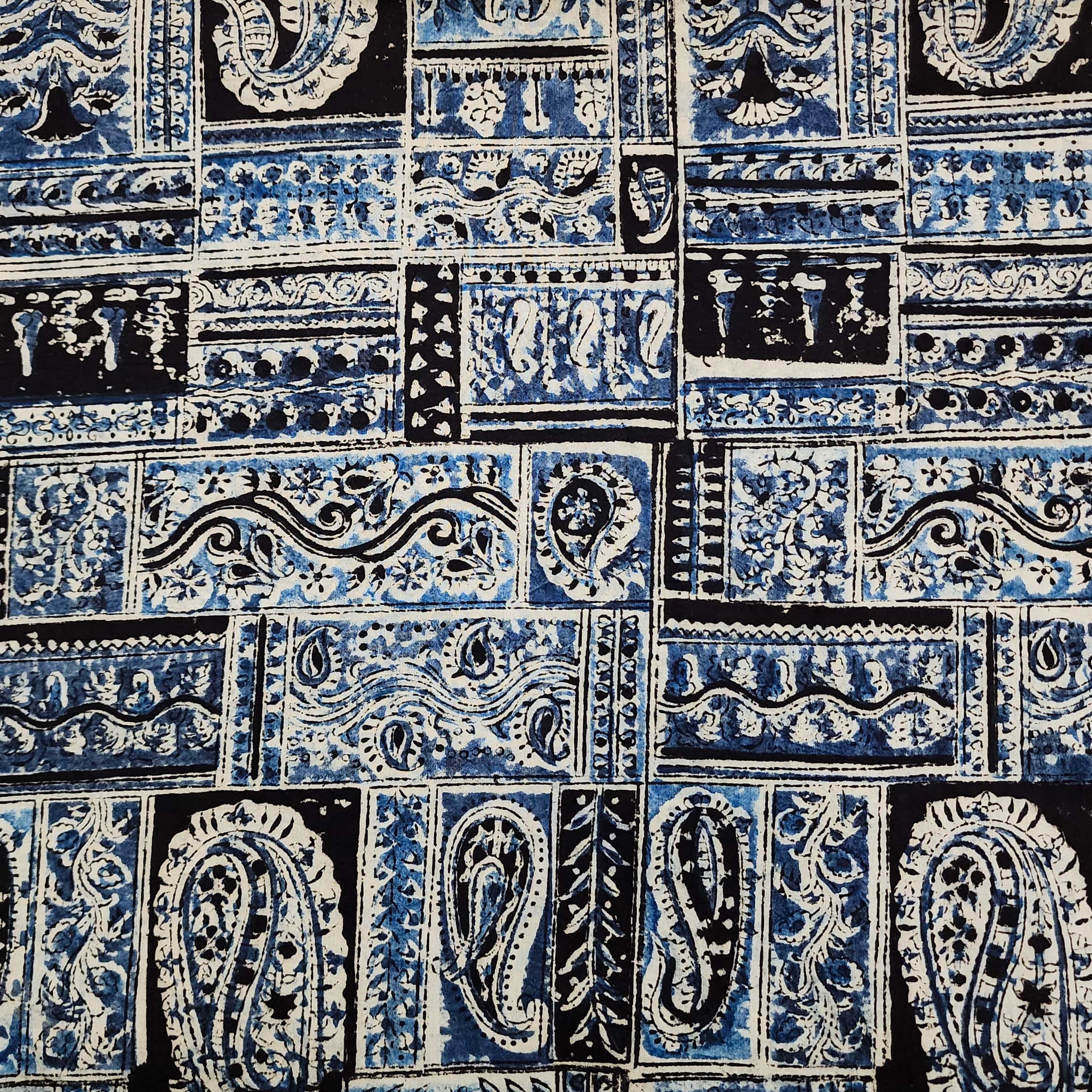 Pre-cut 0.90 cm Pure Cotton Kalamkari Blue With Black Different Blocks ...