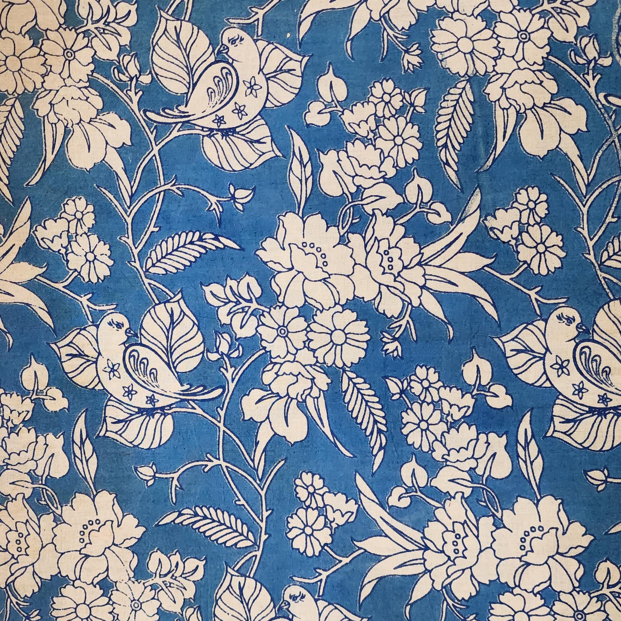 Pure Cotton Kalamkari Blue With Cream Flowers Jaal Hand Block Print Fa ...
