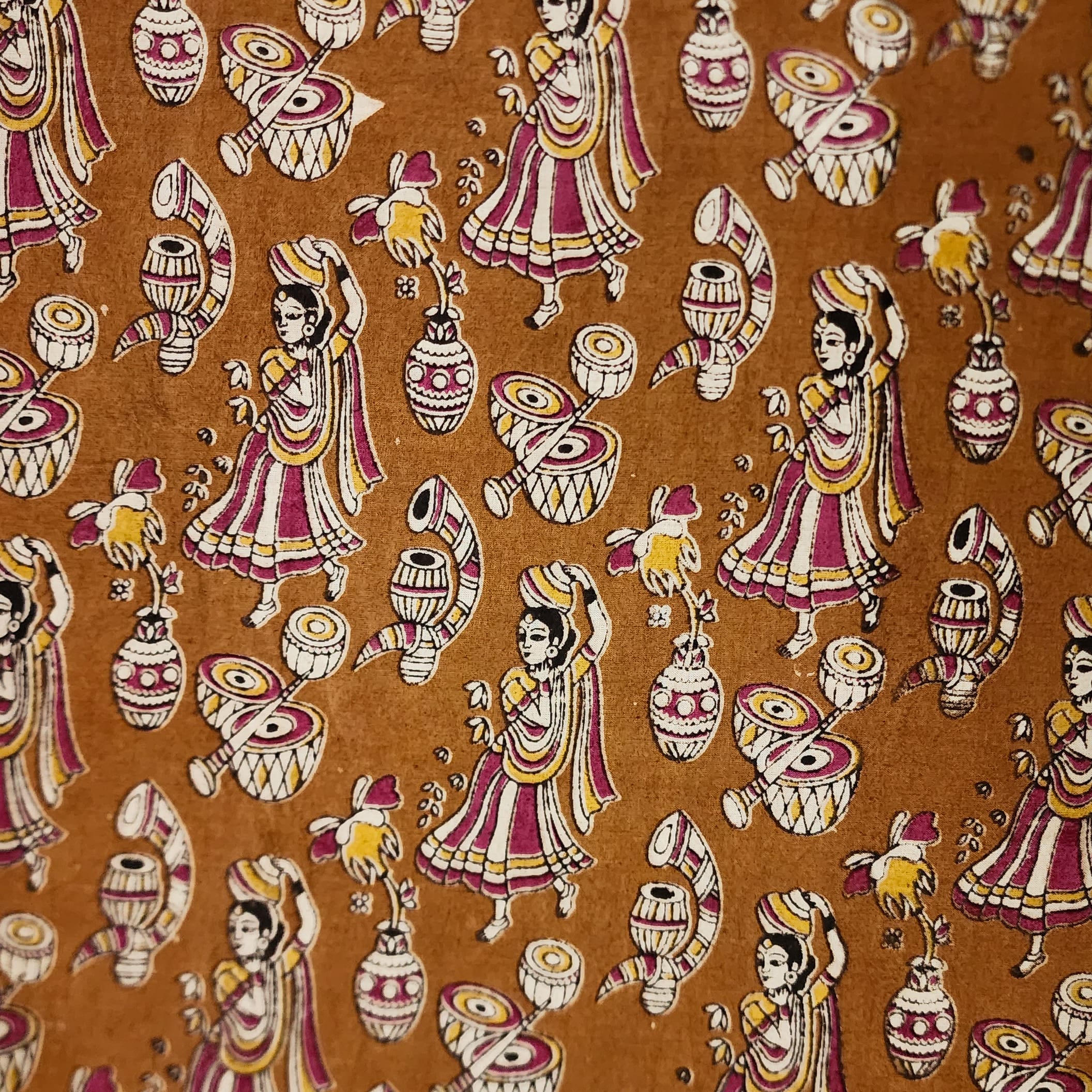 Pure Cotton Kalamkari Brown With Traditional Instrument Hand Block Pri ...