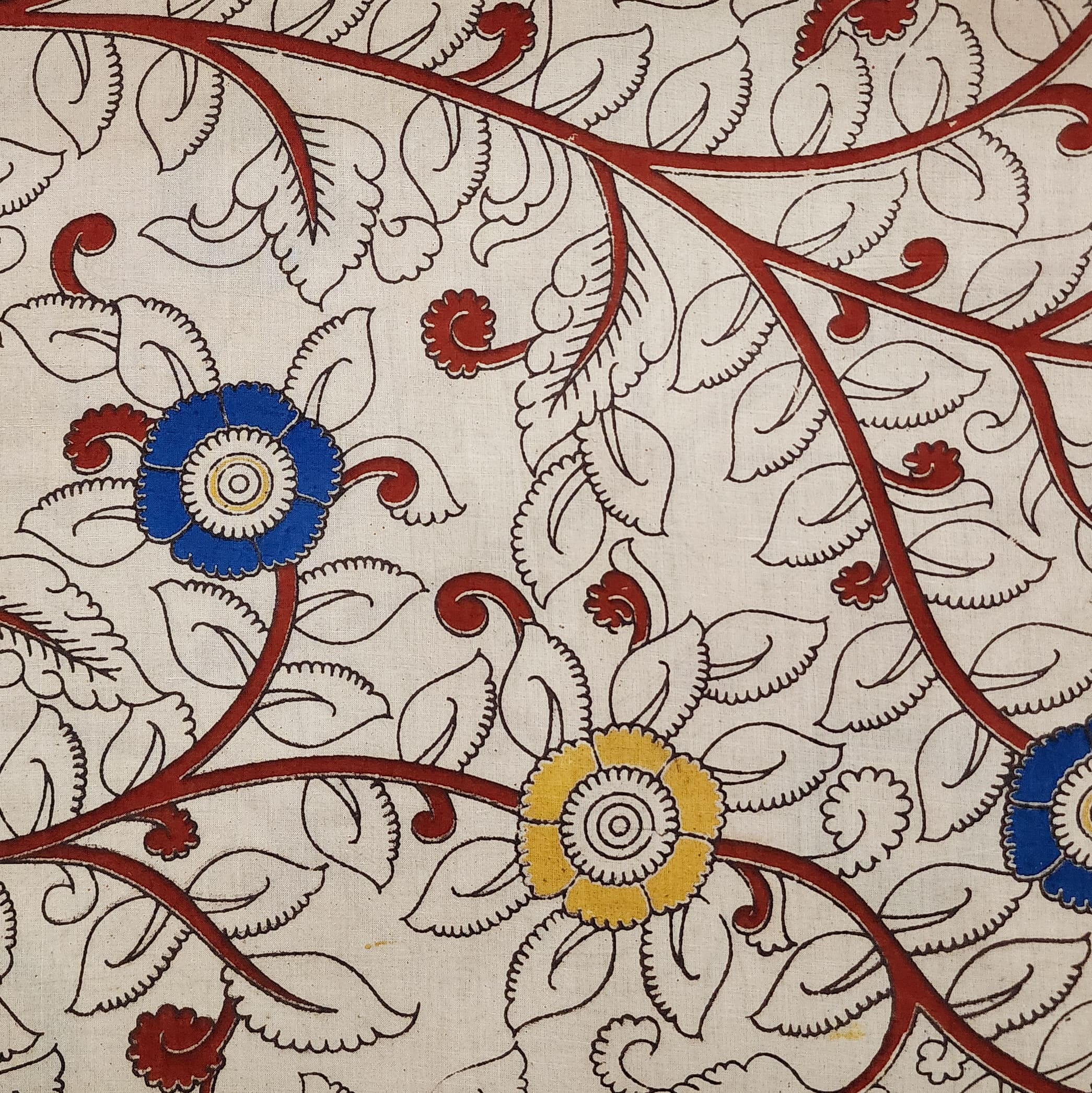 Pure Cotton Kalamkari Cream With Mustard And Blue Big Flower Jaal Hand ...