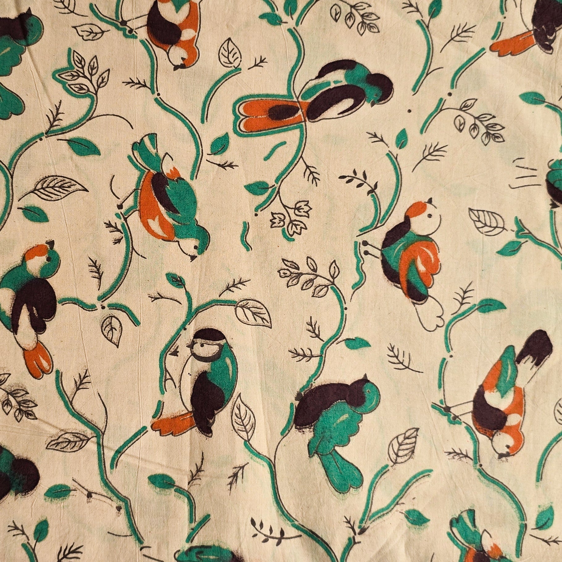 Pure Cotton Kalamkari Cream With Orange And Green Birds Sitting On Jaa ...
