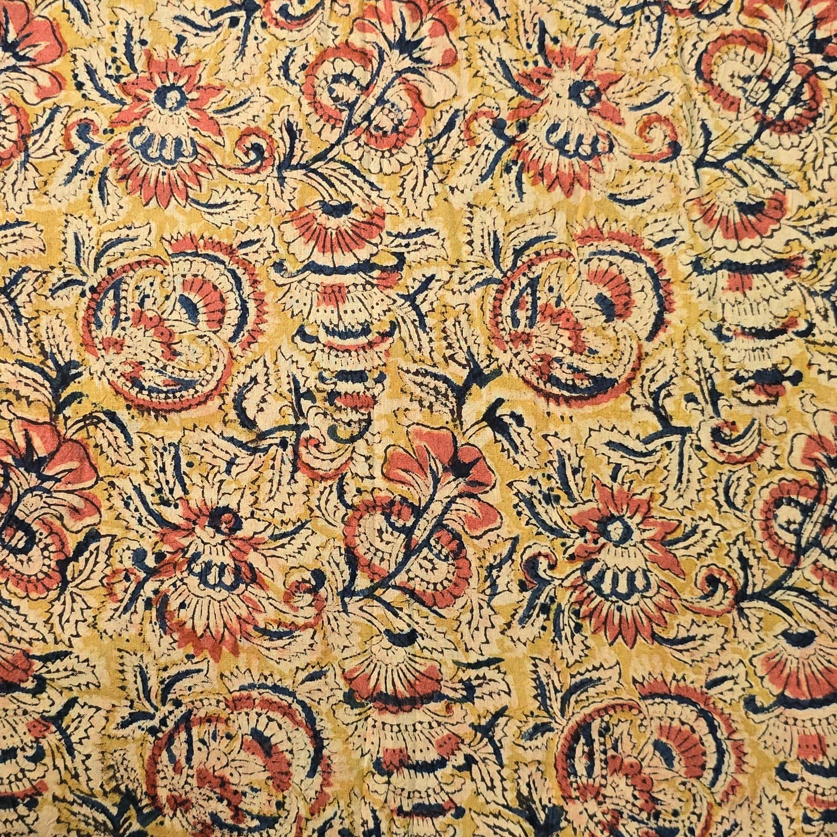 Pure Cotton Kalamkari Mustard Jungle Flower Jaal Hand Block Print Fabr ...
