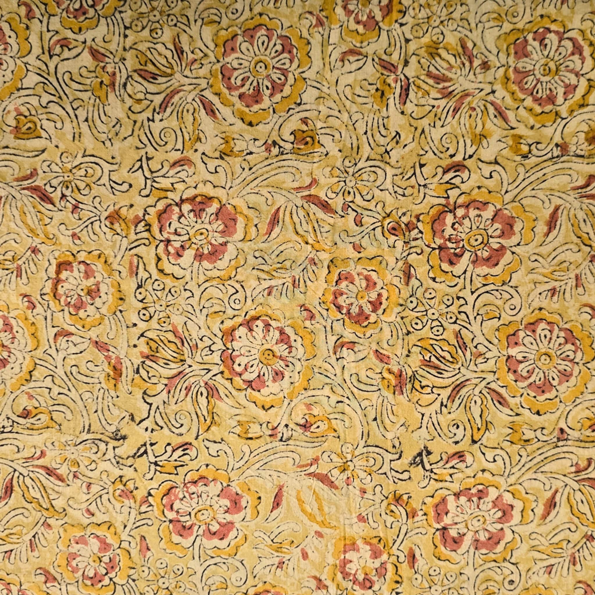 (Pre Cut 1.62 Meter )Pure Cotton Kalamkari Mustard With Light Pink Flo ...