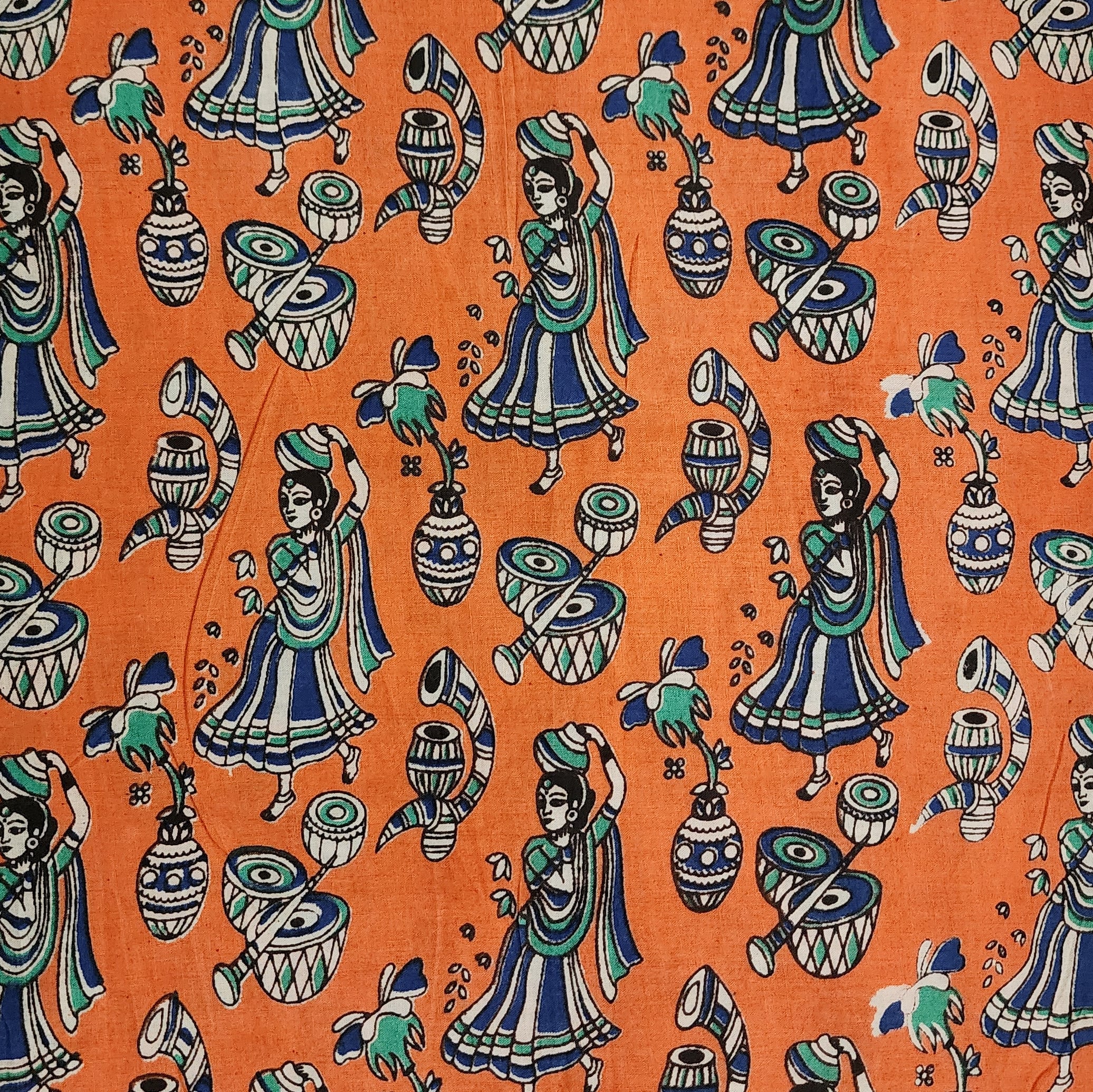 ( Pre-Cut 1.50 Meter ) Pure Cotton Kalamkari Orange With Blue Dancing ...