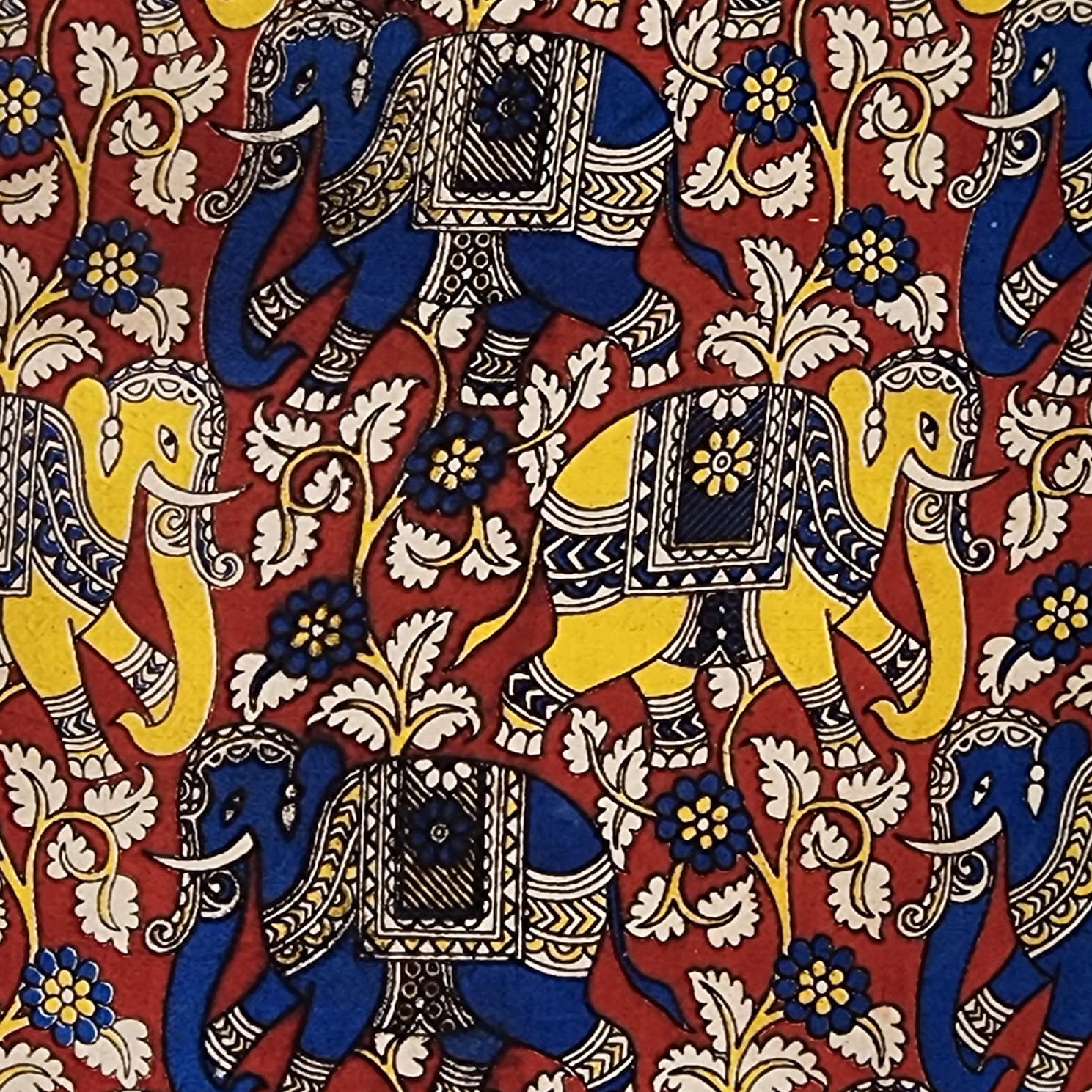 Pure Cotton Kalamkari Red With Blue And Yellow Elephants Design Hand B ...