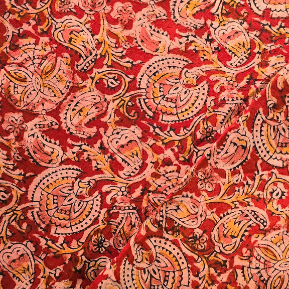 Pure Cotton Kalamkari Rust Red With Jungle Flower Jaal Hand Block Prin ...