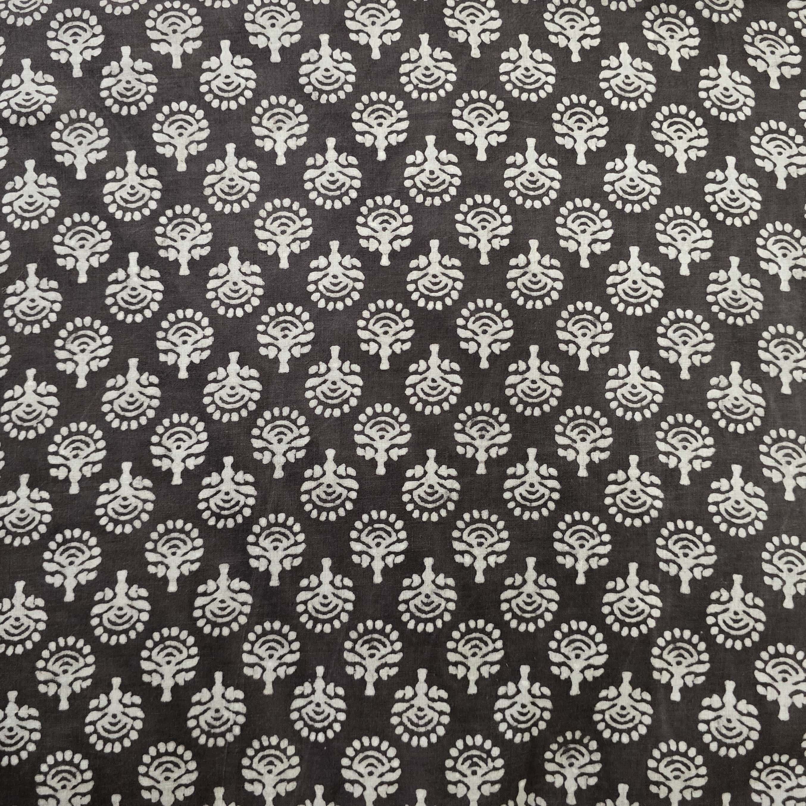 Pure Cotton Kashish Grey With Cream Flower Buds Hand Block Print Fabri ...