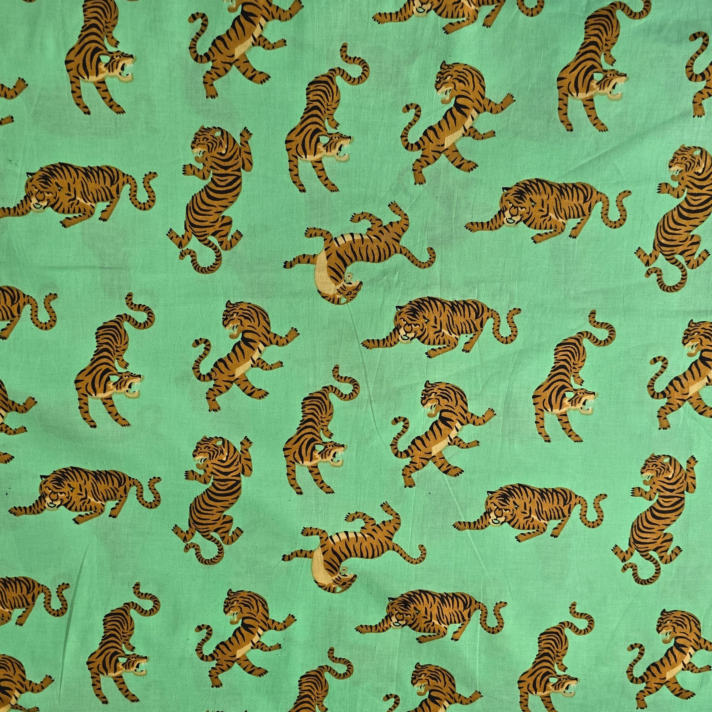 Pure Cotton Light Green With Mustard Tiger Screen Print Fabric – Sanskruti