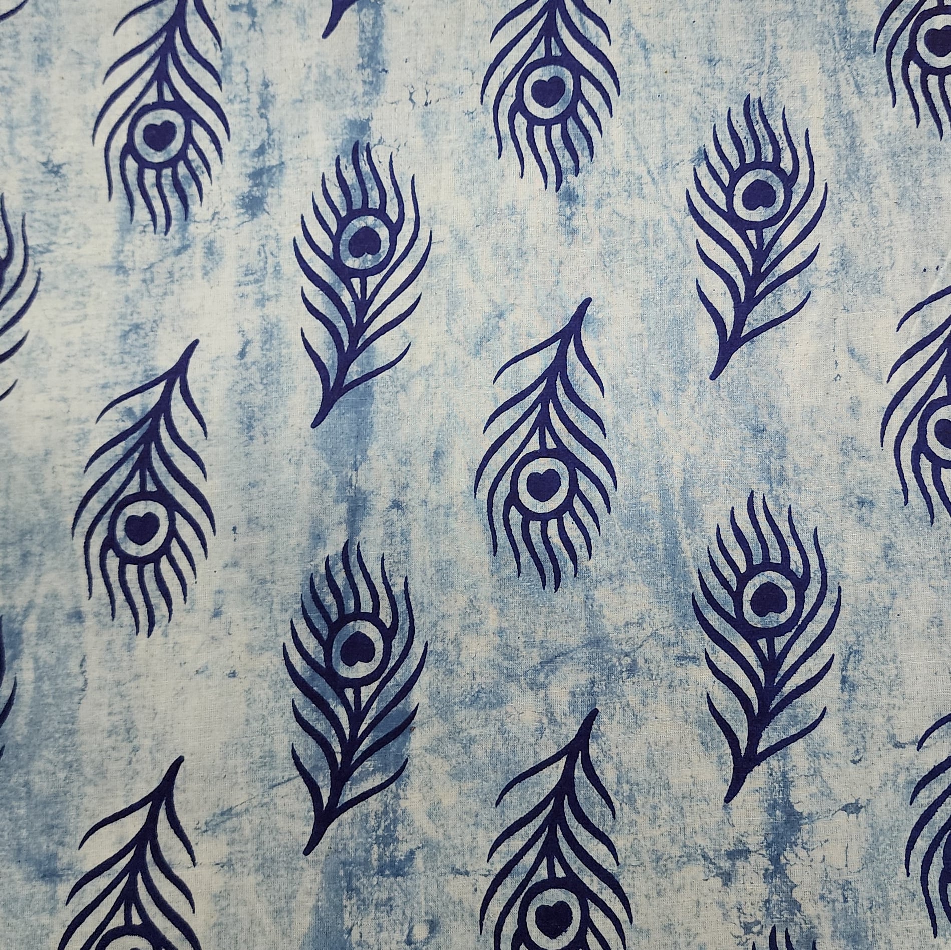 Pure Cotton Light Indigo With Peacock Feather Hand Block Print Fabric ...