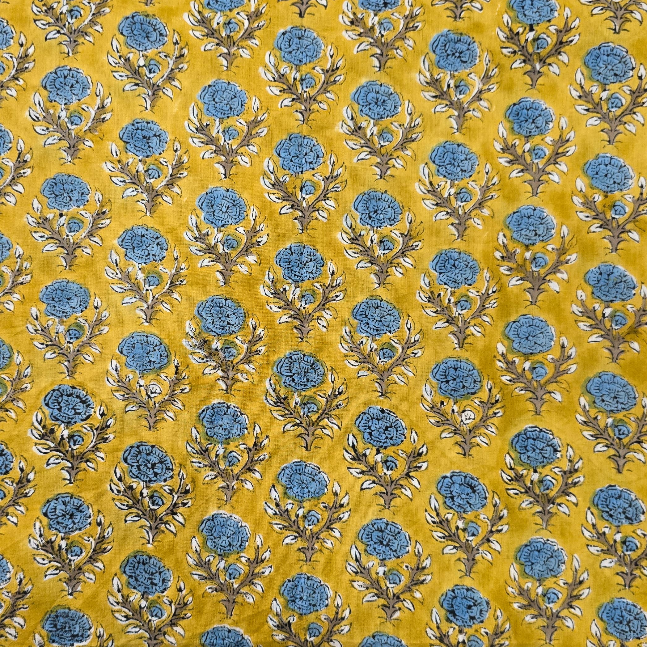Pure Cotton Mul Jaipuri Mustard With Blue Flower Motif Hand Block Prin ...
