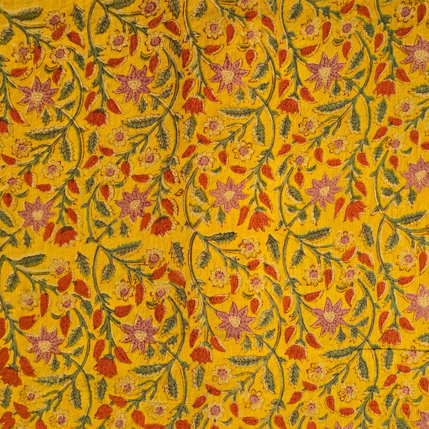 Pure Cotton Mul Jaipuri Mustard With Orange And Green Small Flower Jaa ...
