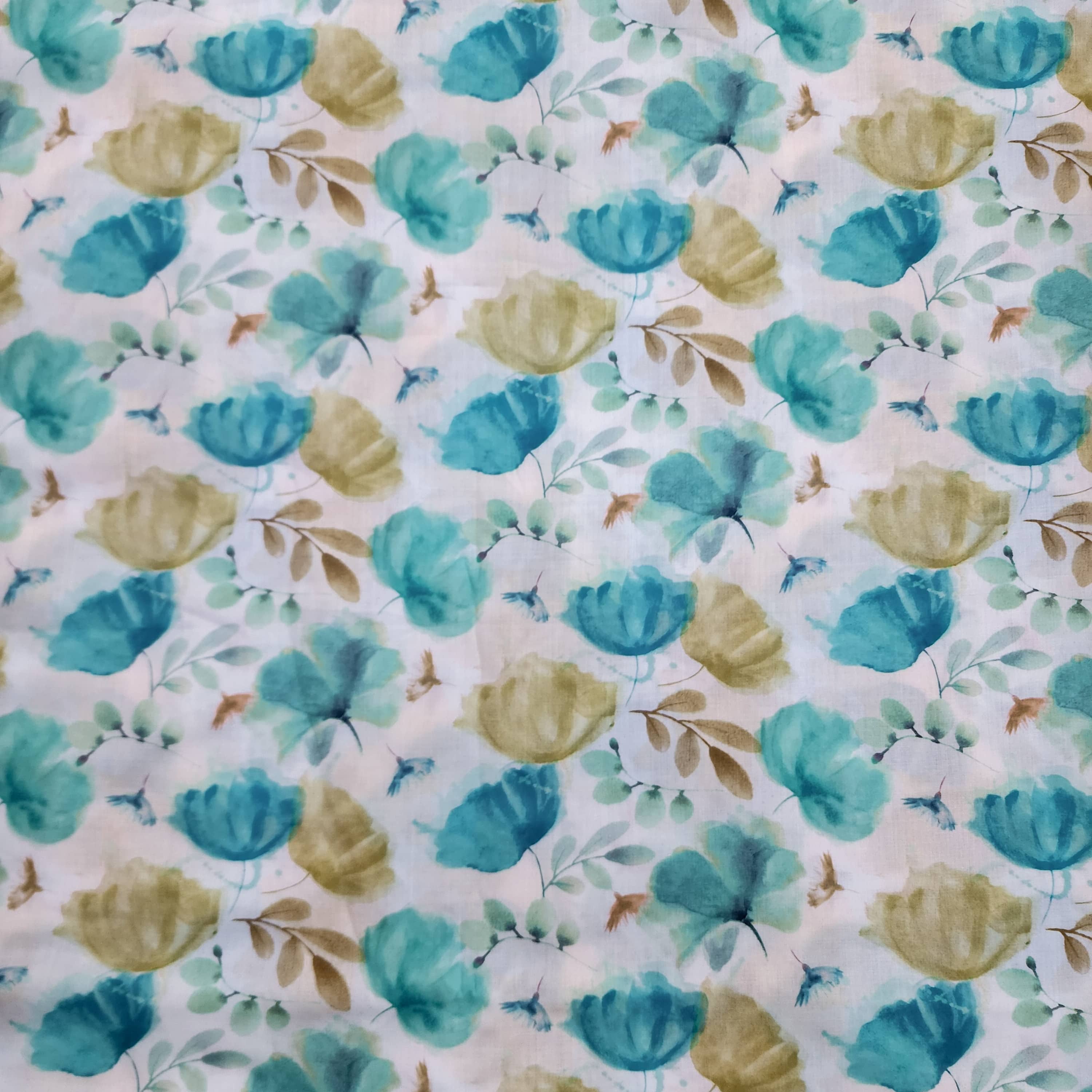 Pure Cotton Mul White With Teal Blue And Green Tulips Screen Print Fab ...