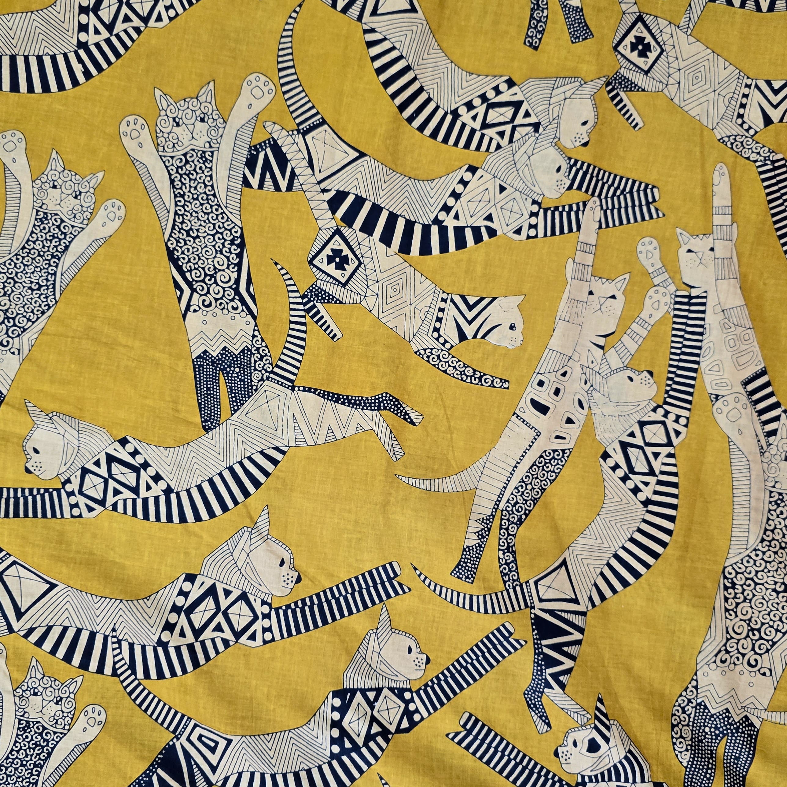 Pure Cotton Mustard With Egyptian Cat Screen Print Fabric – Sanskruti