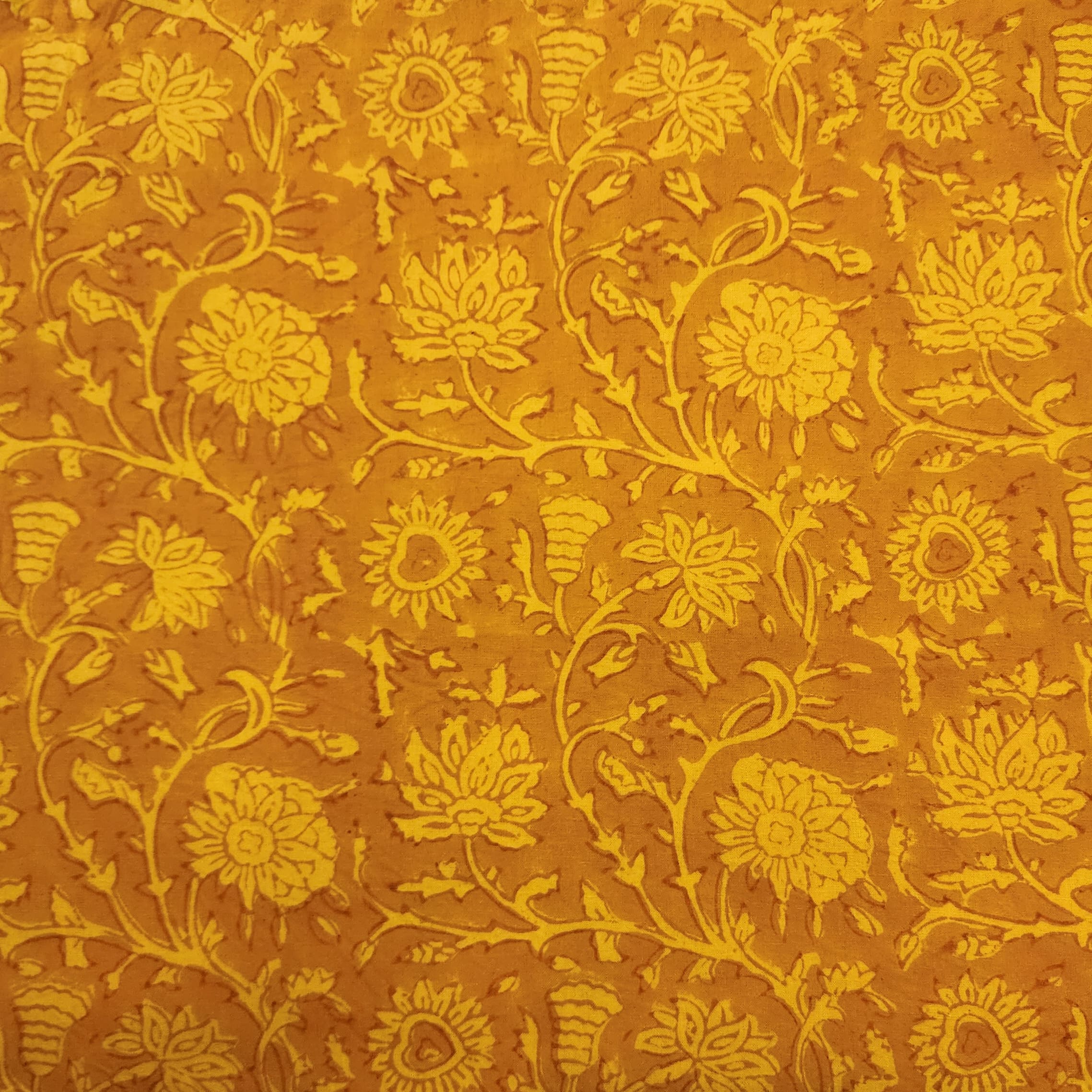 Pure Cotton Mustard With Intricate Jungle Flower Jaal Hand Block Fabri ...