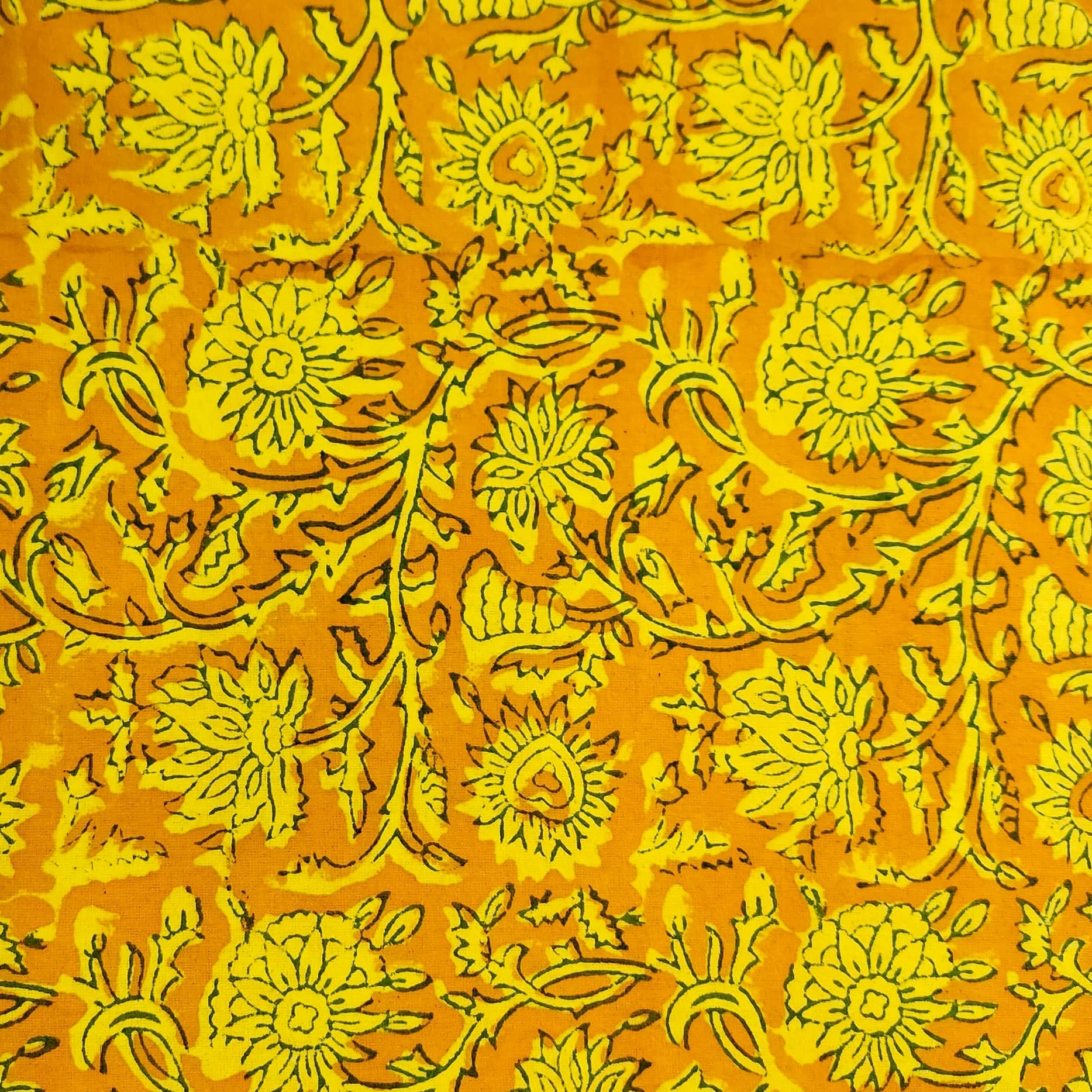 Pure Cotton Mustard With Yellow And Green Intricate Wild Flower Jaal H ...