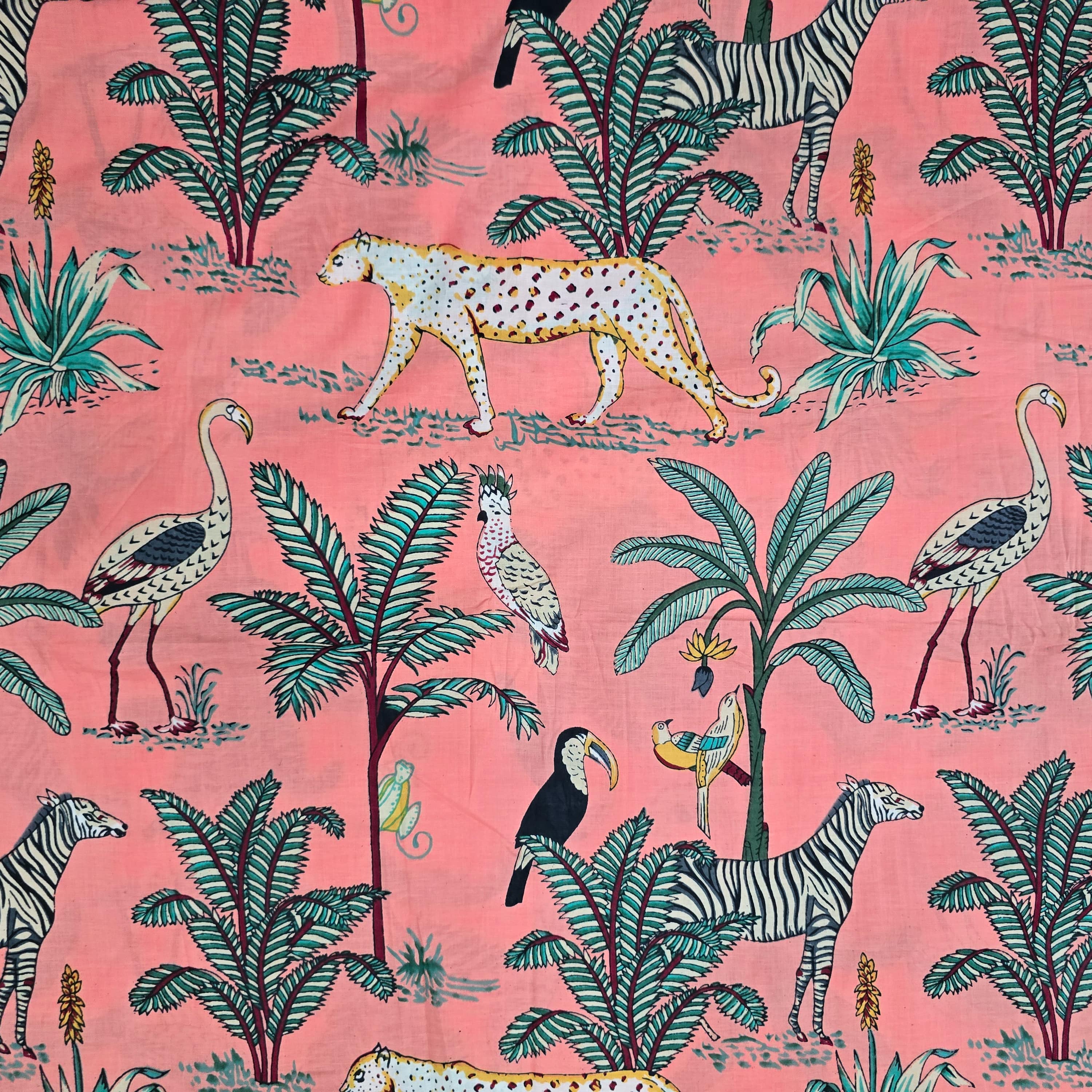 Pure Cotton Pink Jungle With Animals Screen Print Fabrics – Sanskruti