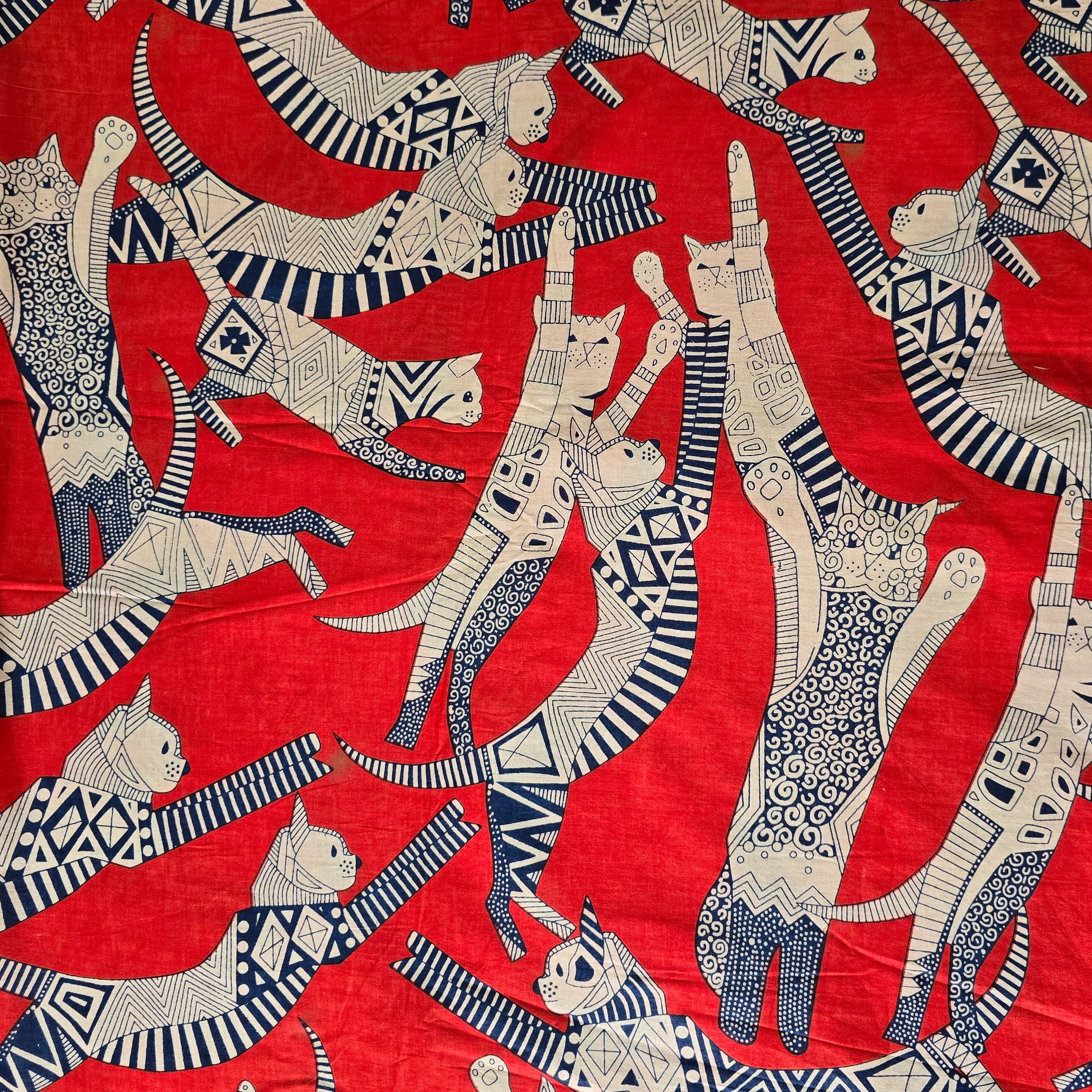 (PRE-CUT 1.60 METER)Pure Cotton Red Orange With Egyptian Cat Screen Pr ...