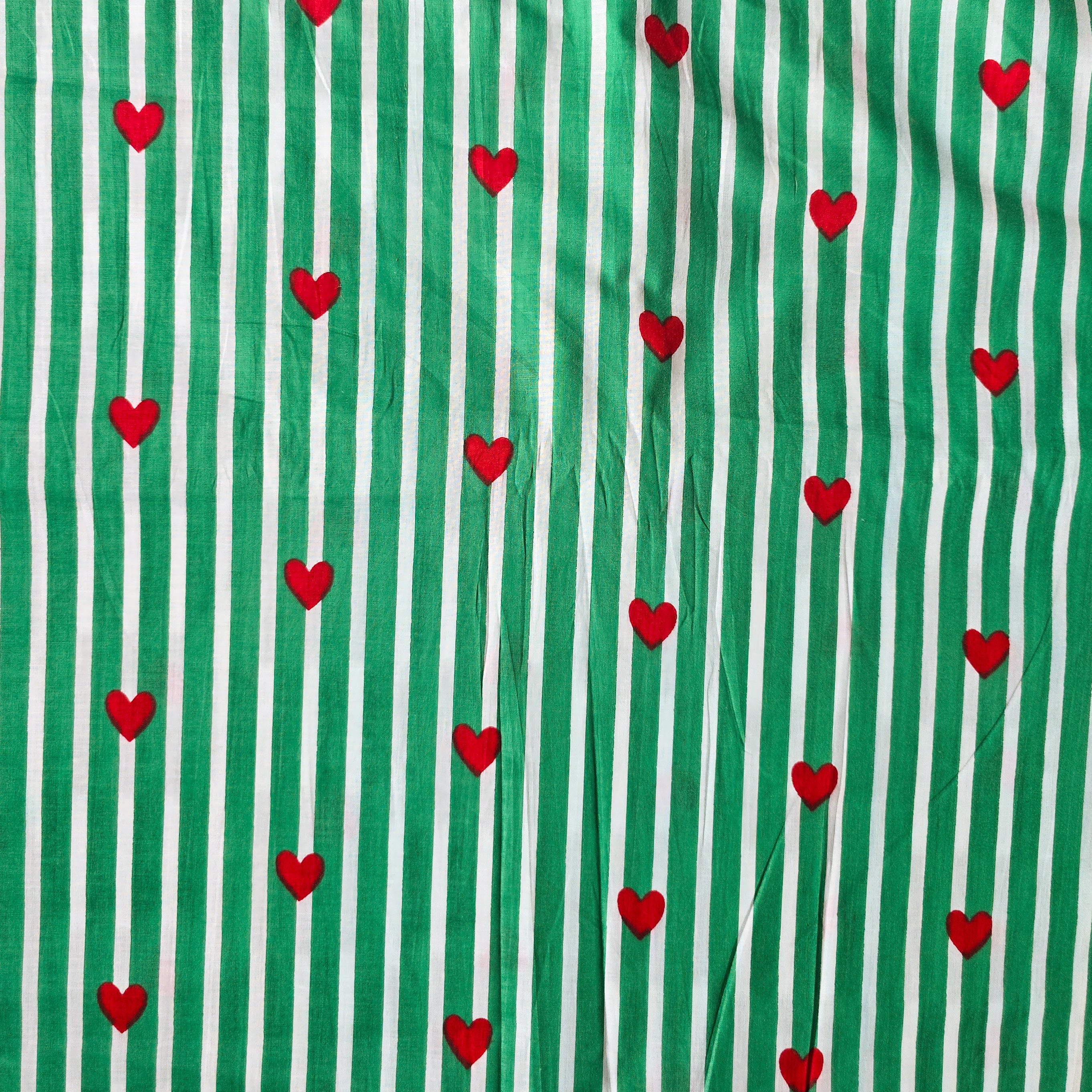 Pure Cotton Screen Print Green With White Stripe And Tiny Heart Motif ...