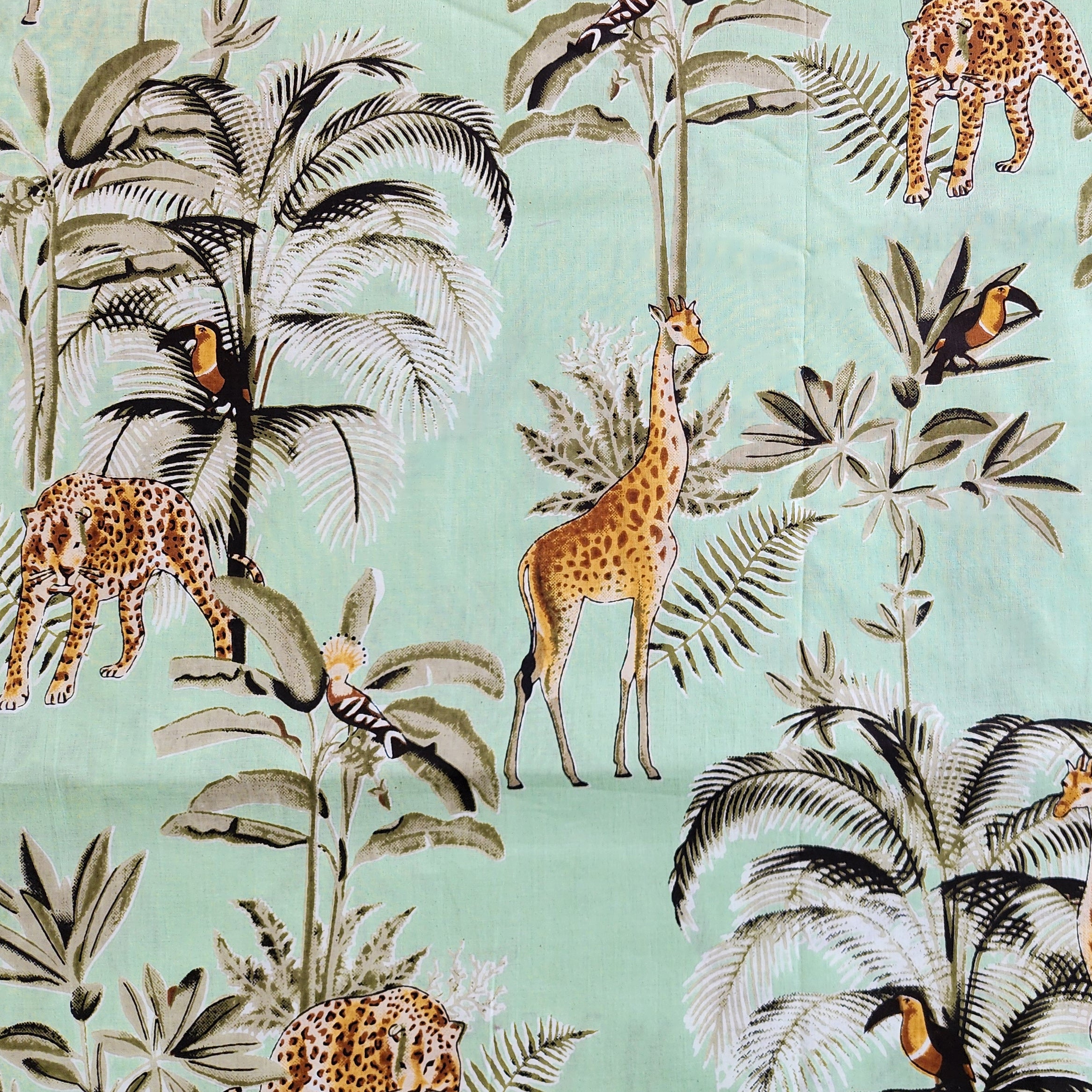 Pure Cotton Screen Print Mint Green Jungle Animals Fabric – Sanskruti