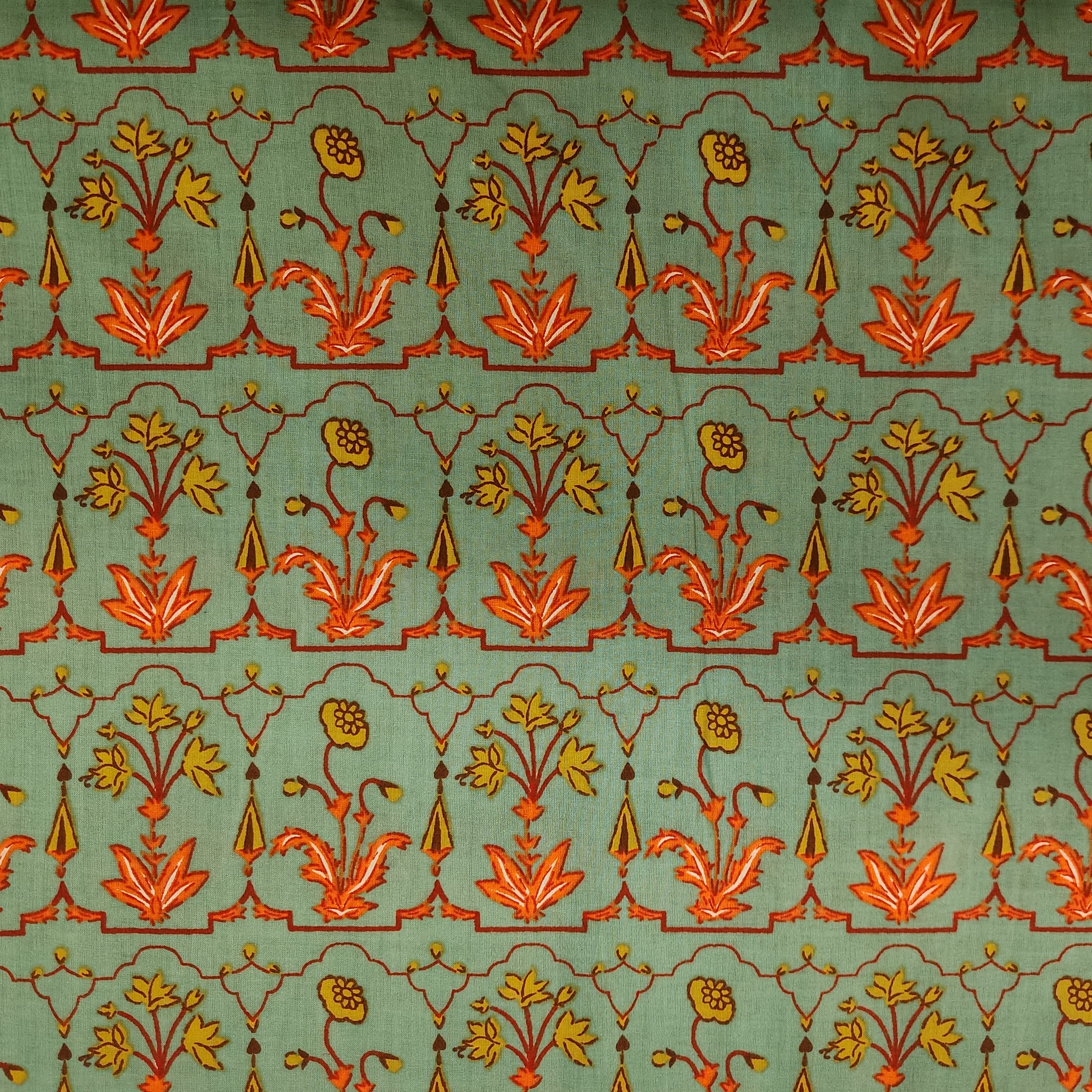 Pure Cotton Screen Print Mint Green With Orange Flower Motif Design Pr ...