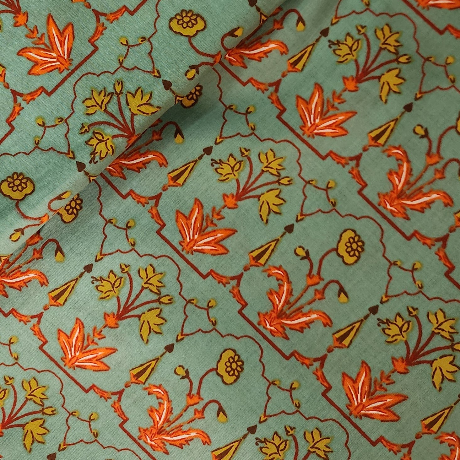 Pure Cotton Screen Print Mint Green With Orange Flower Motif Design Pr ...