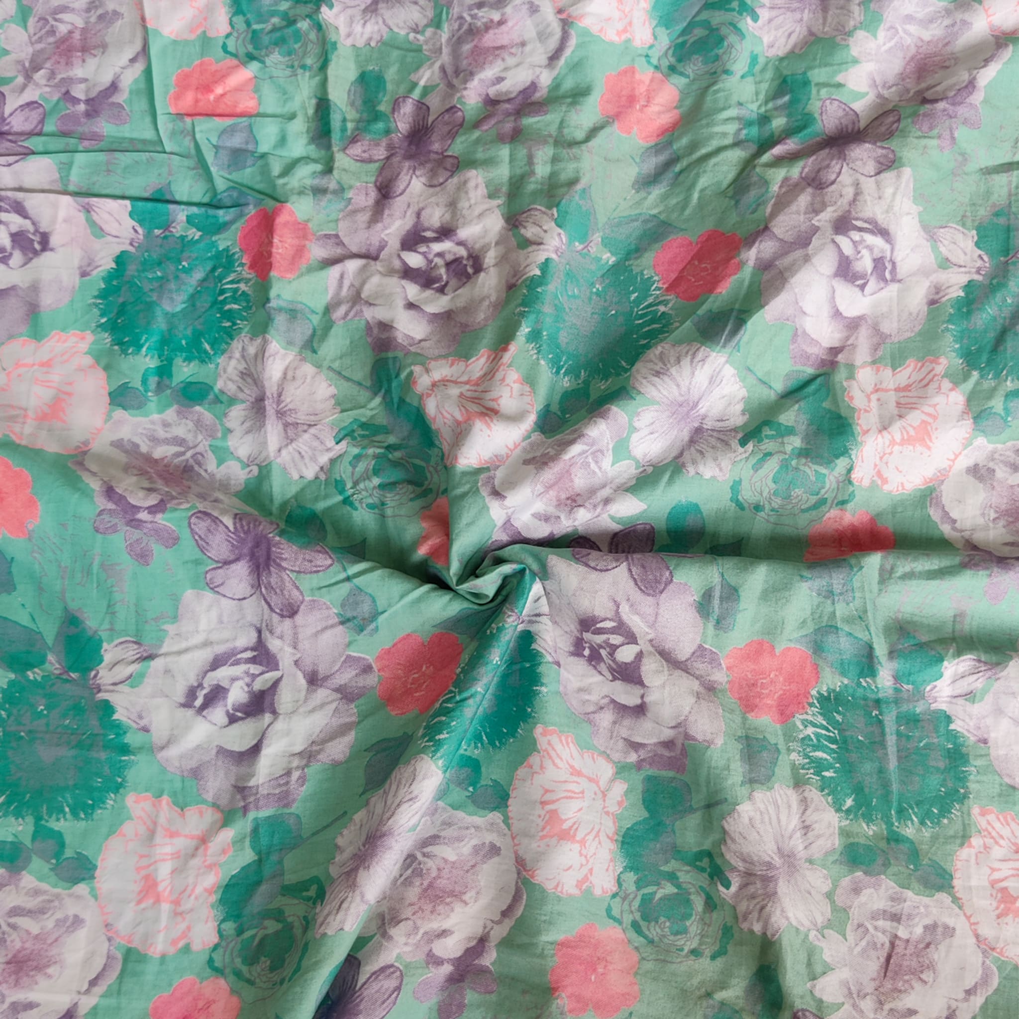 Pure Cotton Screen Print Mint Green With Pink And Purple Rose Fabric ...