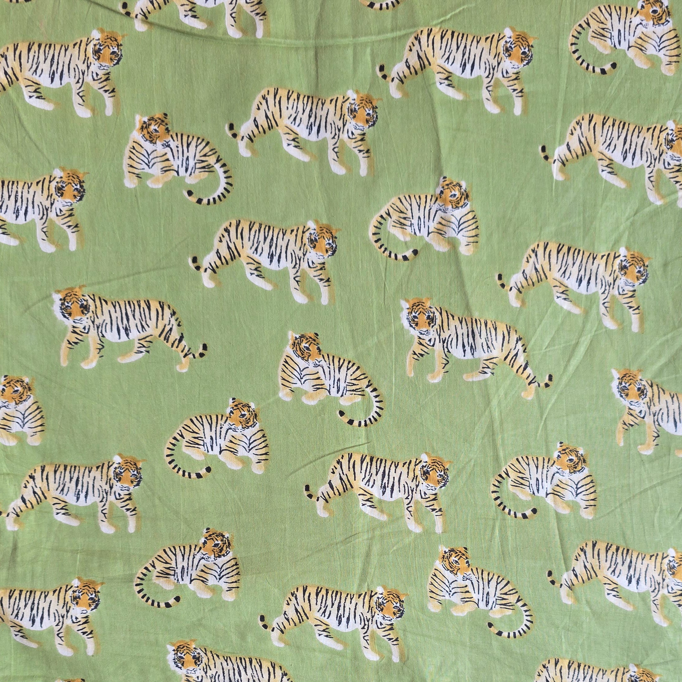 Pure Cotton Screen Print Pastel Green With Tiger Motif Fabric – Sanskruti