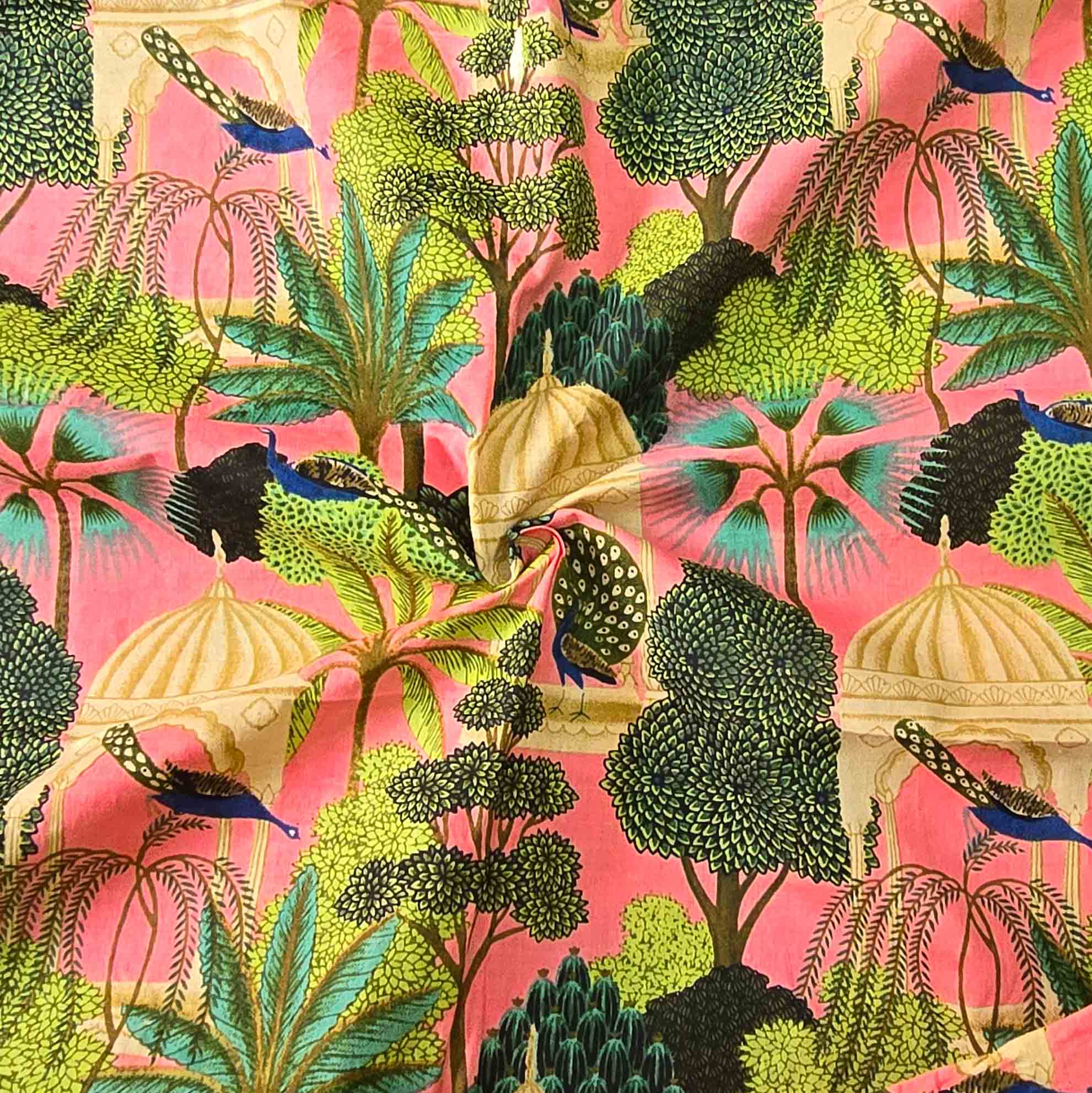 Pure Cotton Screen Print Pink With Green Mughal Garden Print Fabric ...