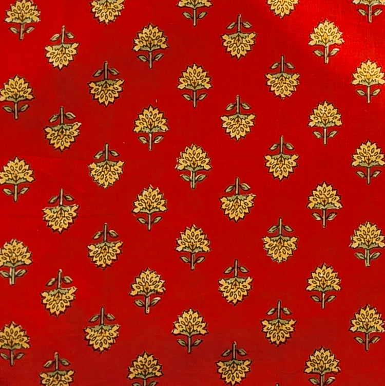 Pure Cotton Screen Print Red With Mustard Flower Design Fabric – Sanskruti