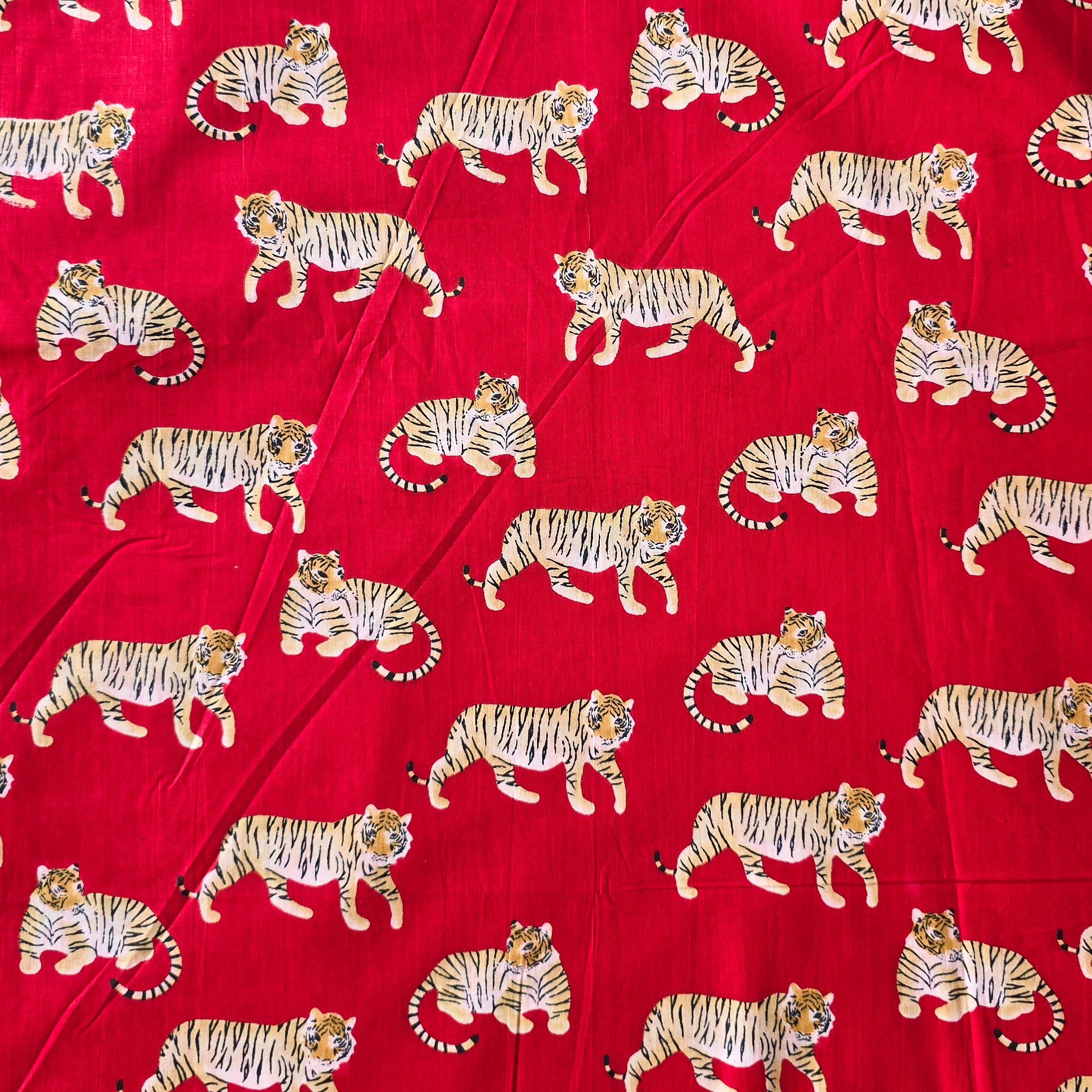 Pure Cotton Screen Print Red With Tiger Motif Fabric – Sanskruti
