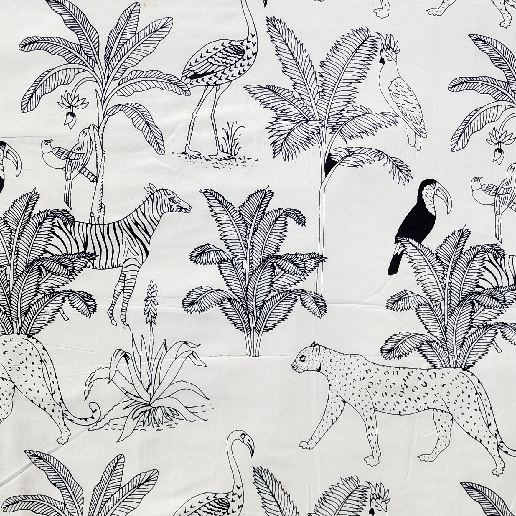 Pure Cotton Screen Print White With Black Jungle Animals Fabric – Sanskruti