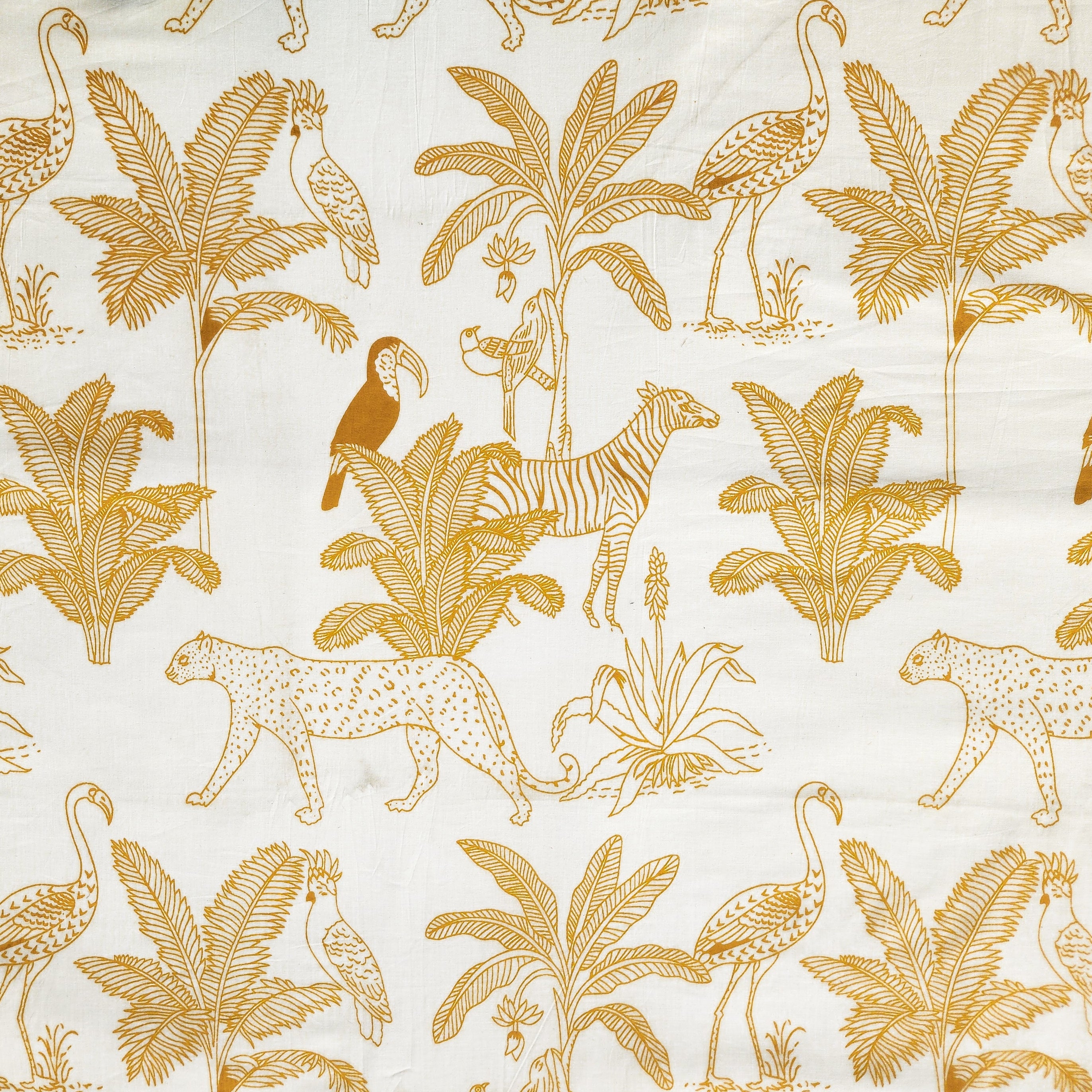 Pure Cotton Screen Print White With Yellow Jungle Animals Fabric ...