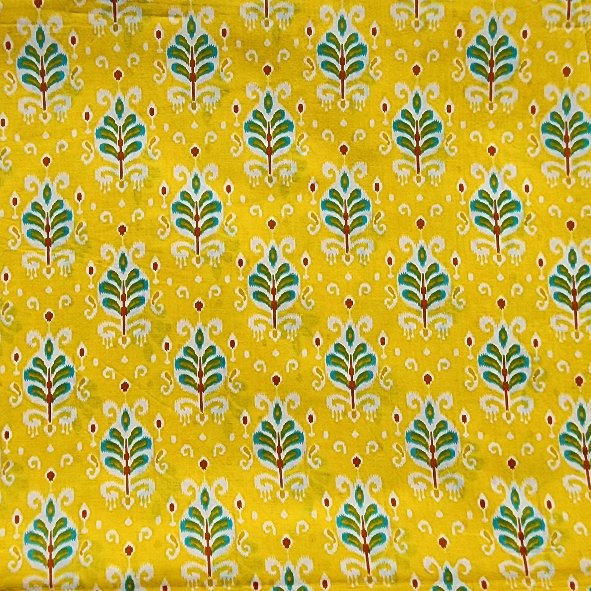 Pure Cotton Screen Print Yellow With Green Leaves Motif Design Fabric ...