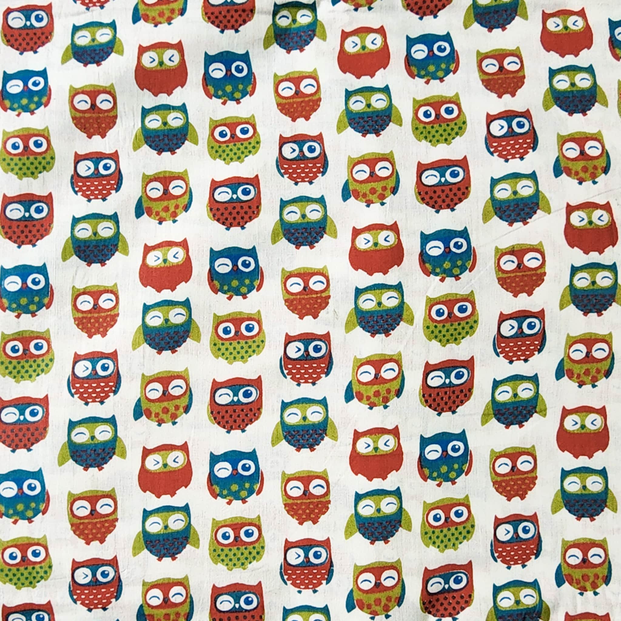 Pure Cotton The Owl Family Rust Green Blue Screen Print Fabric – Sanskruti