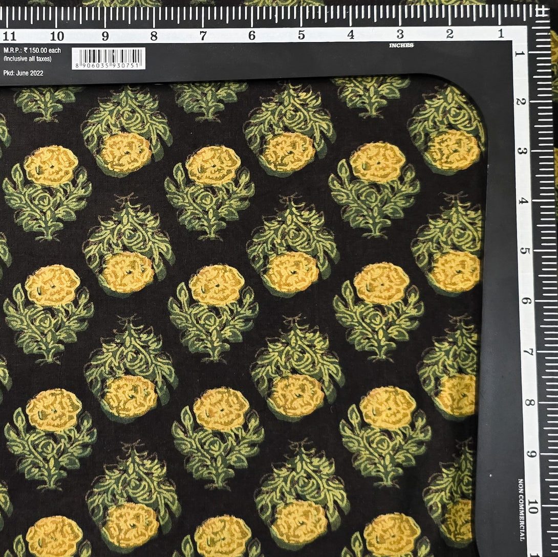 Pure Cotton Vanaspati Black With Green And Yellow Flower Motif Hand Bl ...