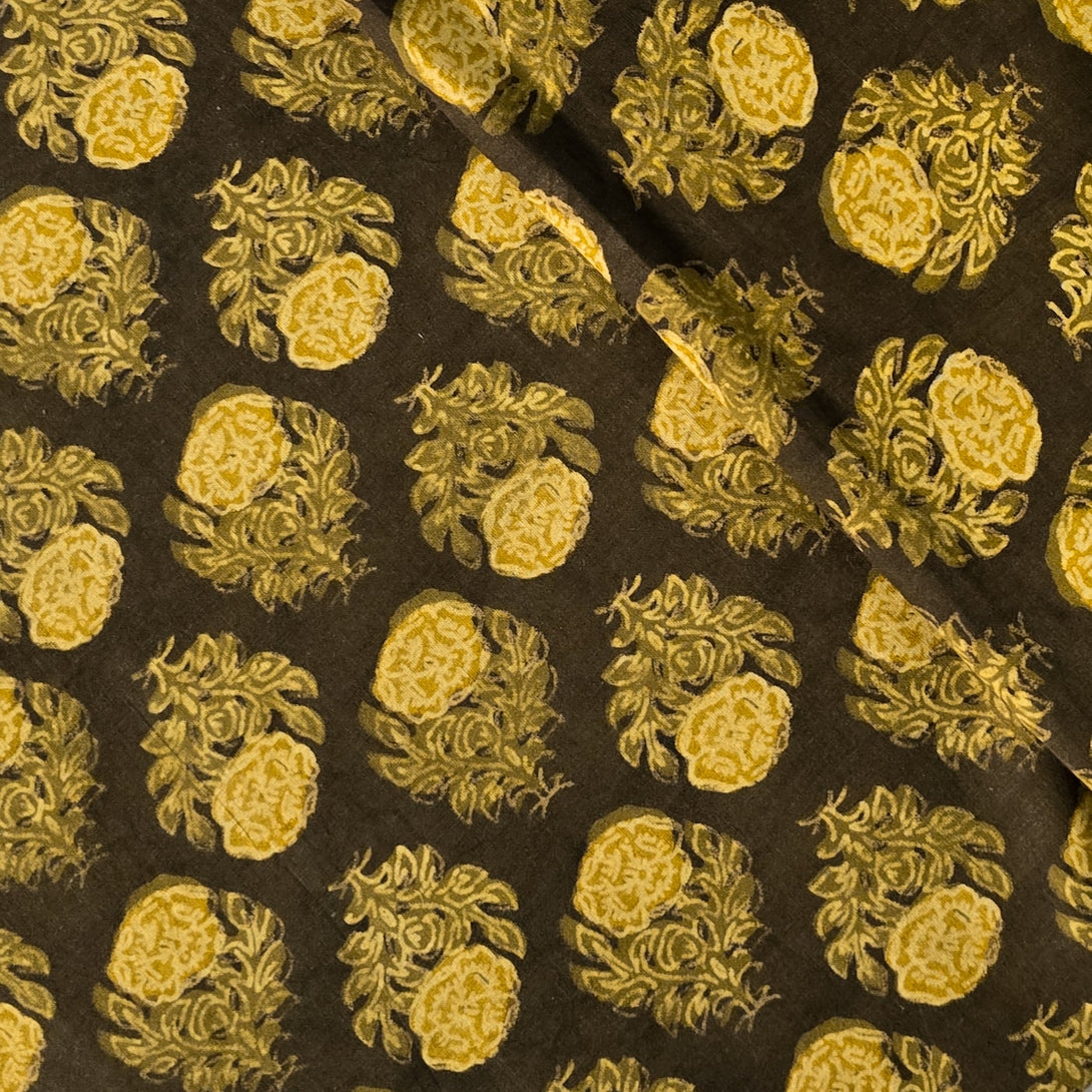 Pure Cotton Vanaspati Black With Mustard Flower Motif Hand Block Print ...