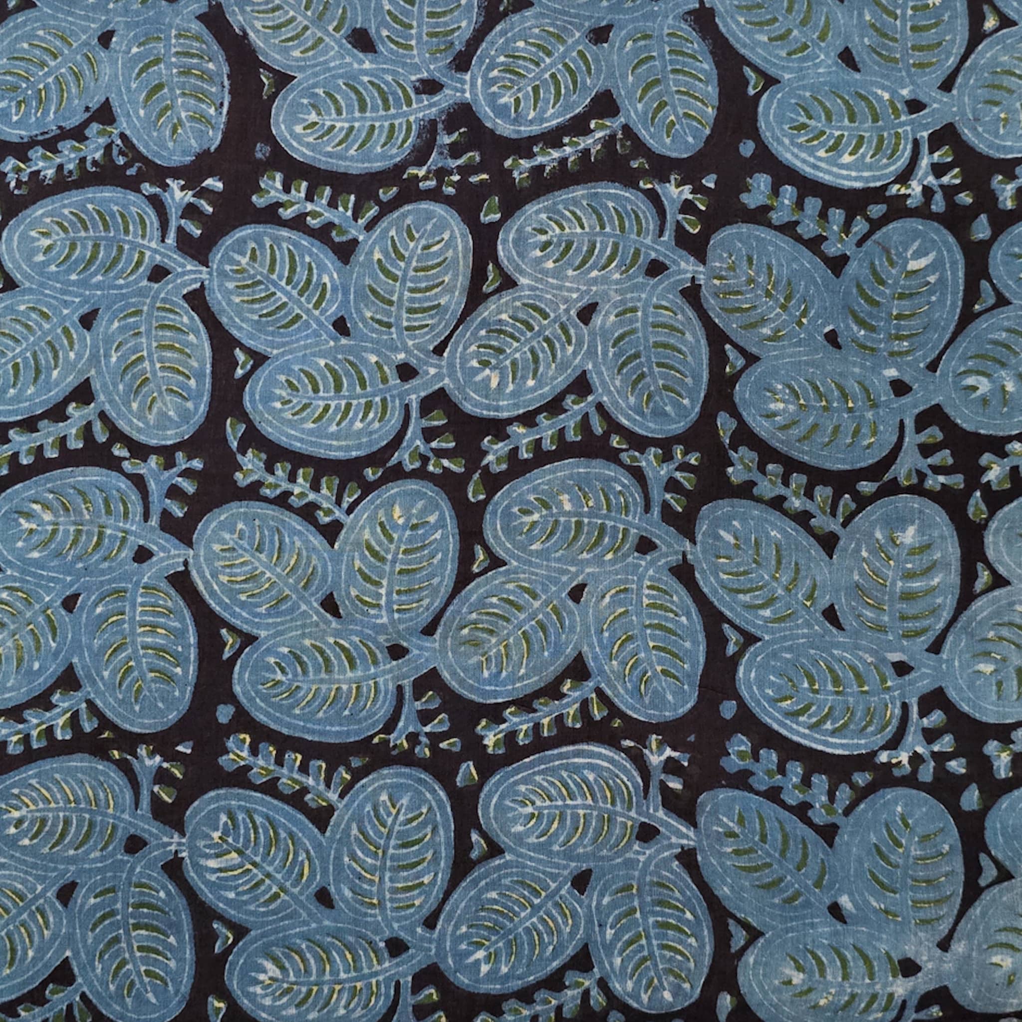 Pure Cotton Vanaspati Black With Rust Blue Leaves Motif Hand Block Pri ...